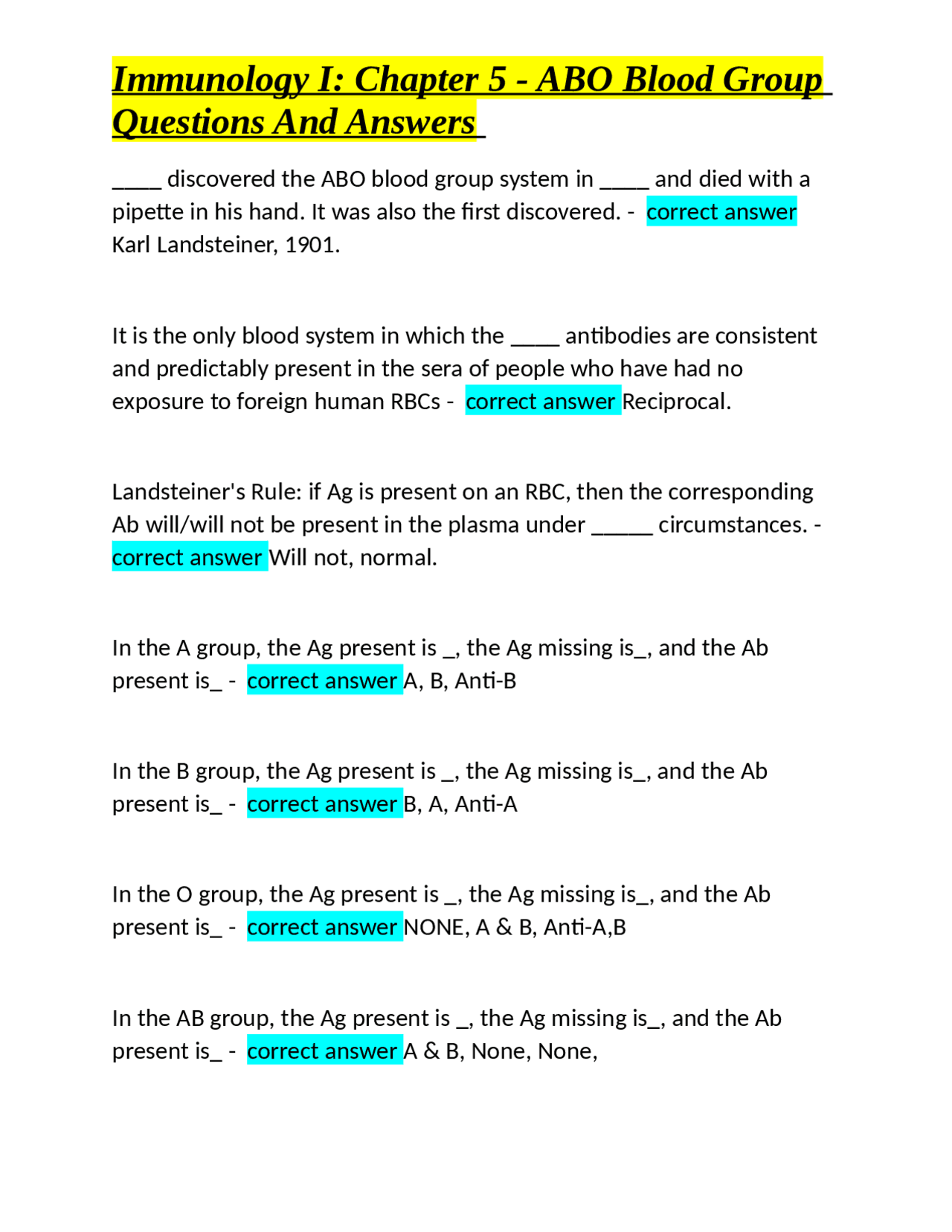 ABO Blood Group System: Questions and Answers | Exams Immunology | Docsity
