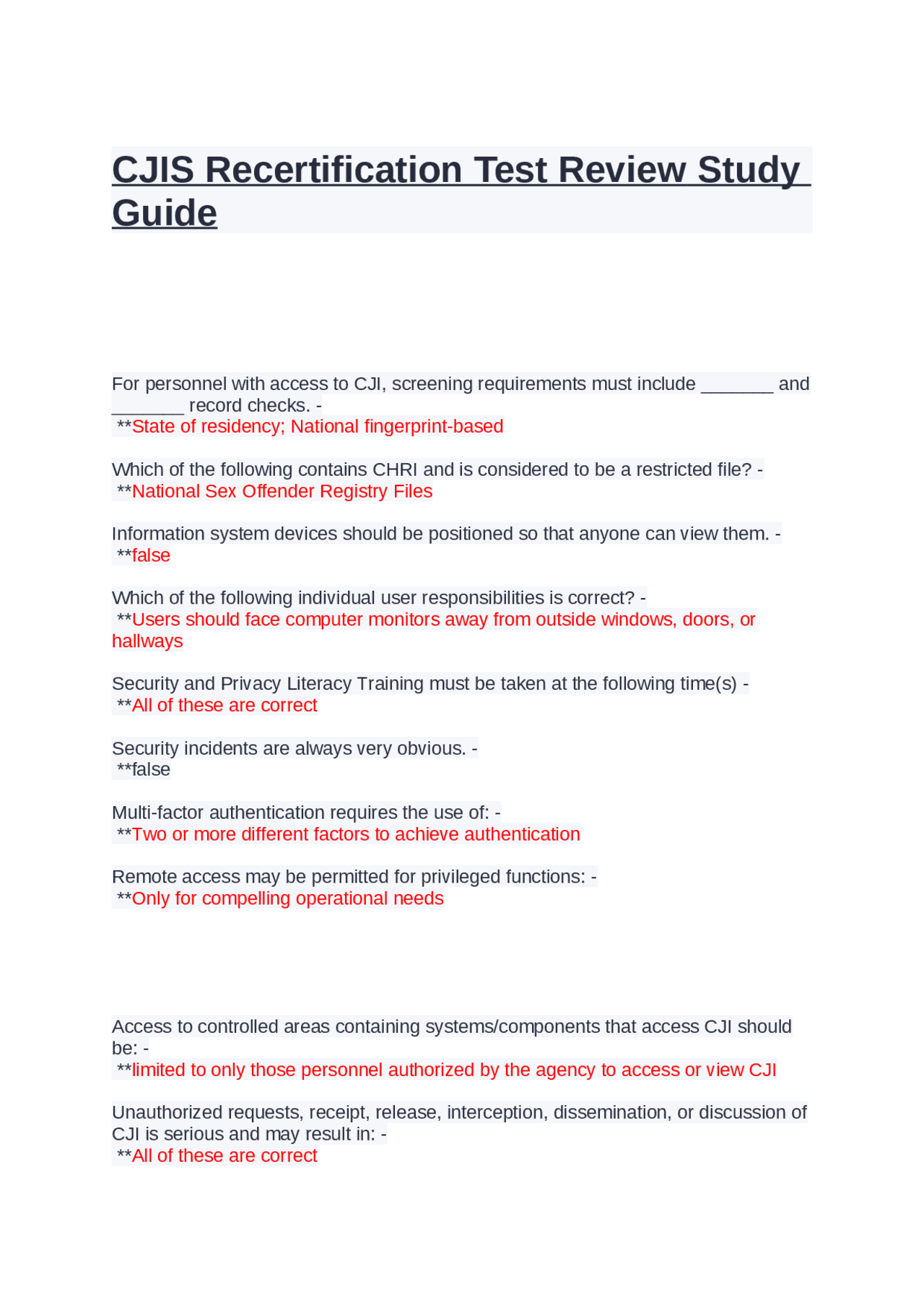 CJIS Recertification Test Review Study Guide | Exams Administrative Law ...