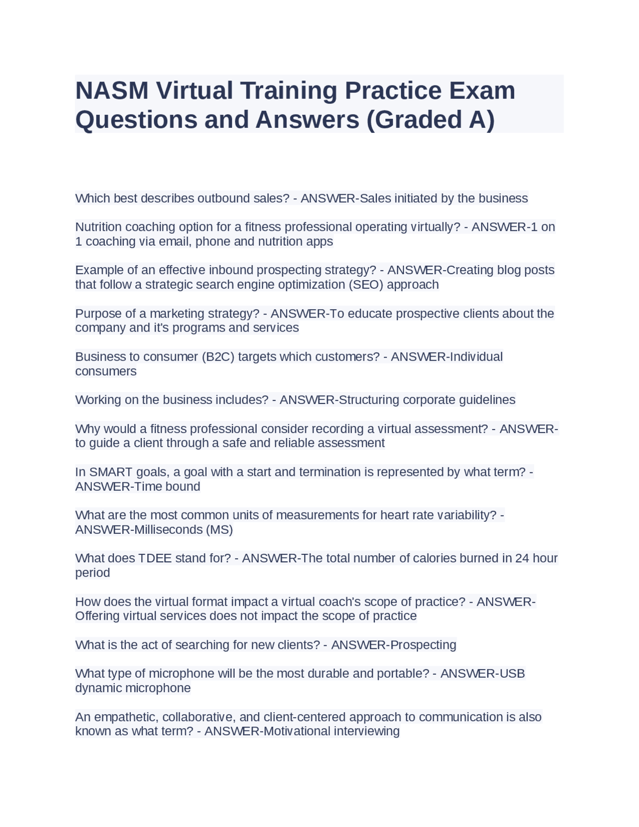 NASM Virtual Training Practice Exam Questions and Answers (Graded A ...
