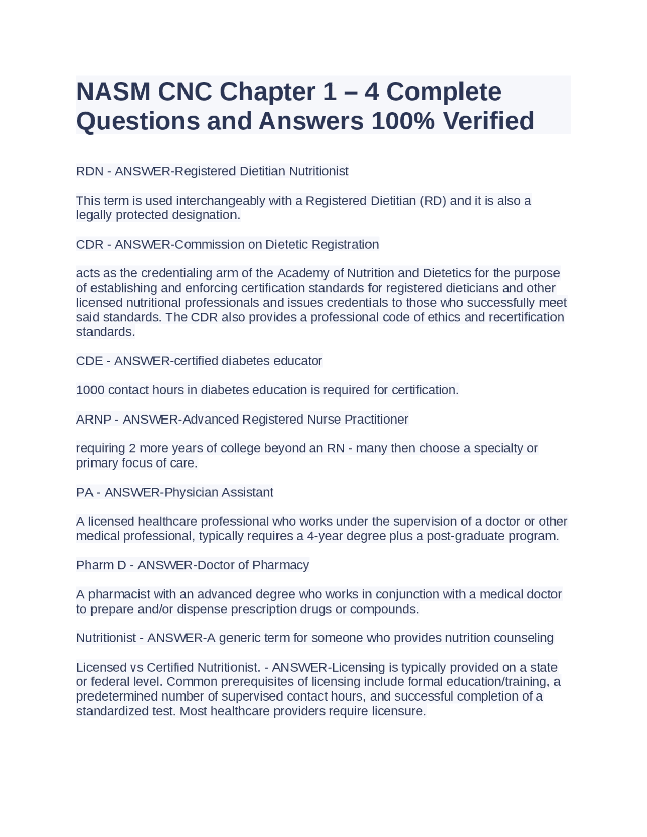 NASM CNC Chapter 1 – 4 Complete Questions and Answers 100% Verified ...