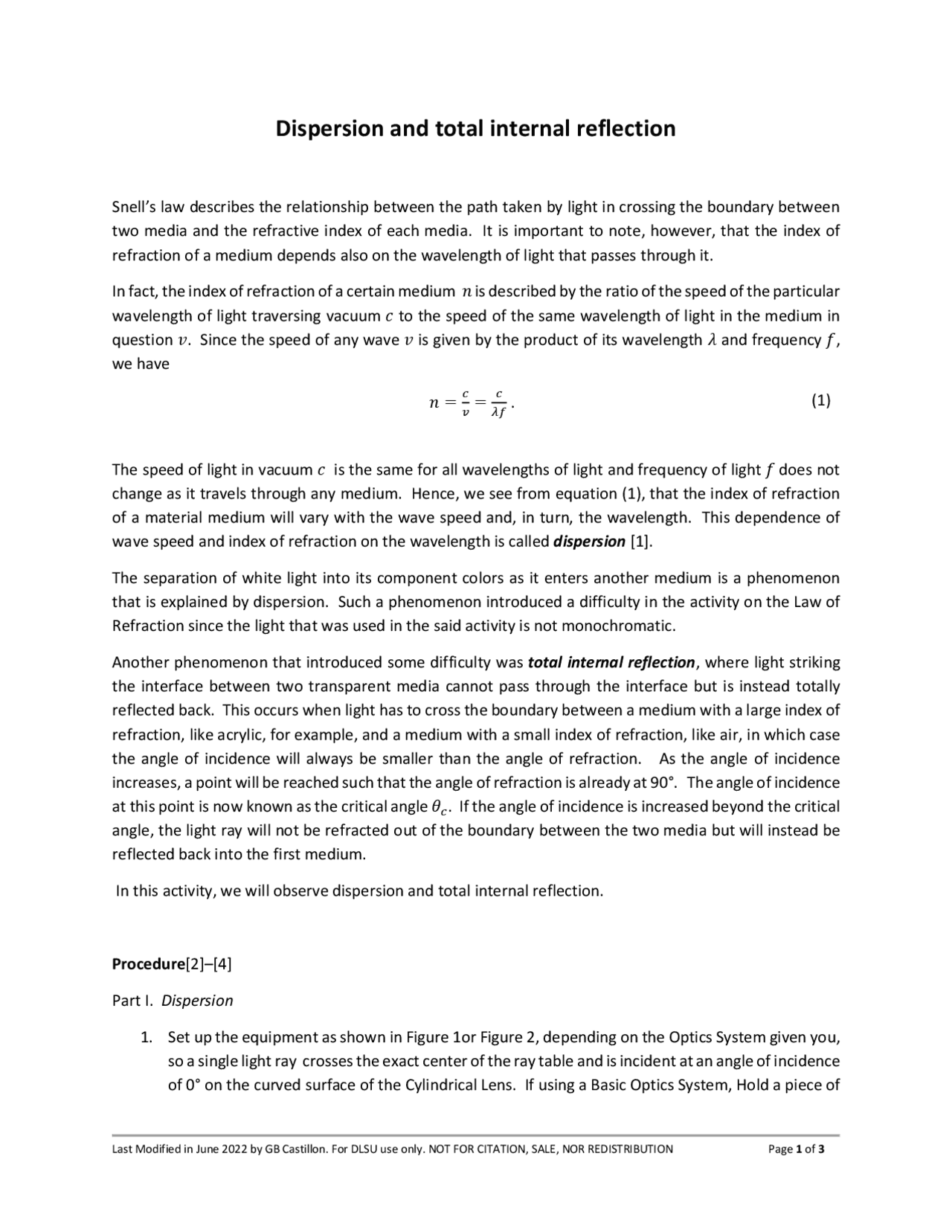 Dispersion and Total Internal Reflection | Exercises Medical Physics | Docsity