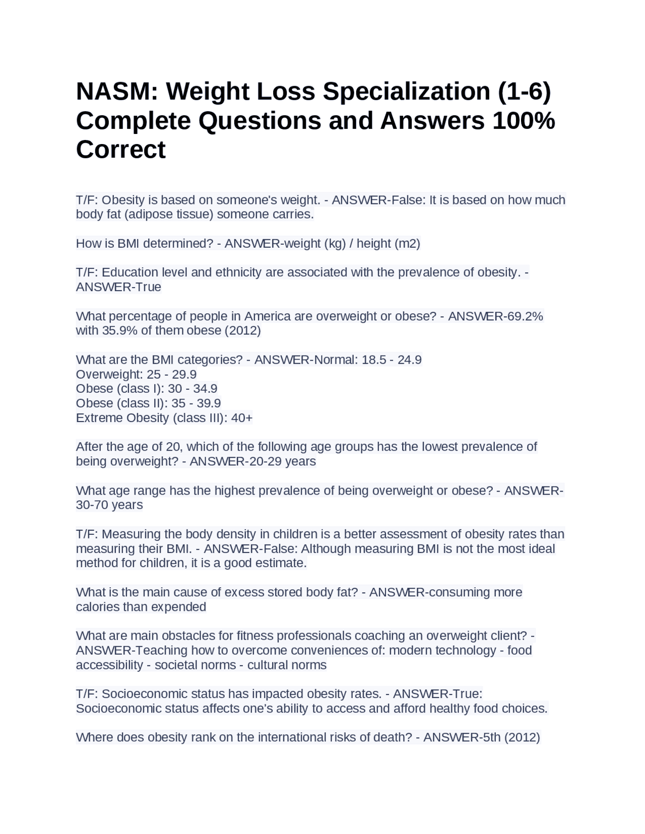 NASM: Weight Loss Specialization (1-6) Complete Questions and Answers ...