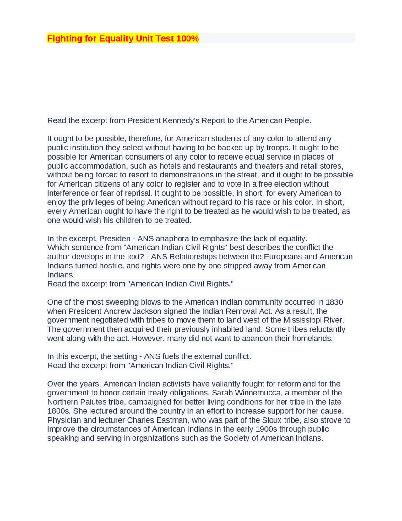 Fighting for Equality Unit Test 100% 2024 | Exams Sociology | Docsity