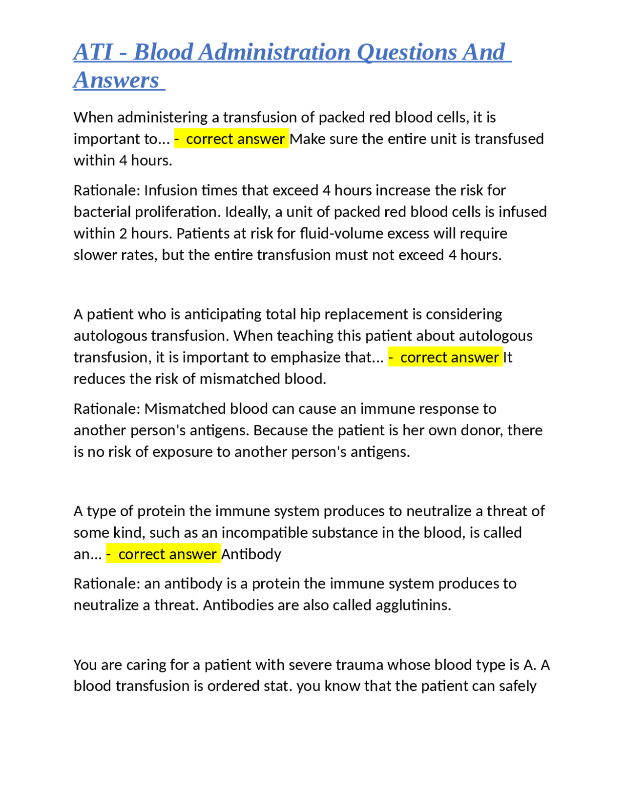 Blood Transfusion Administration: Questions and Answers | Exams Nursing ...