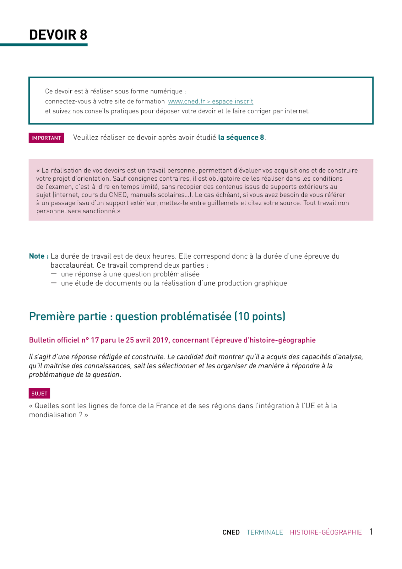 Devoir Cned 8 histoire geo | Exercises History | Docsity