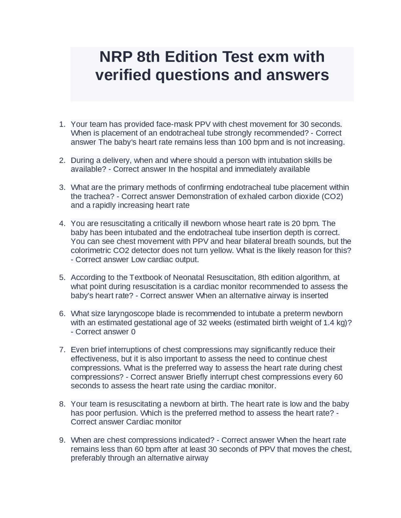 NRP 8th Edition Test exm with verified questions and answers | Exams ...