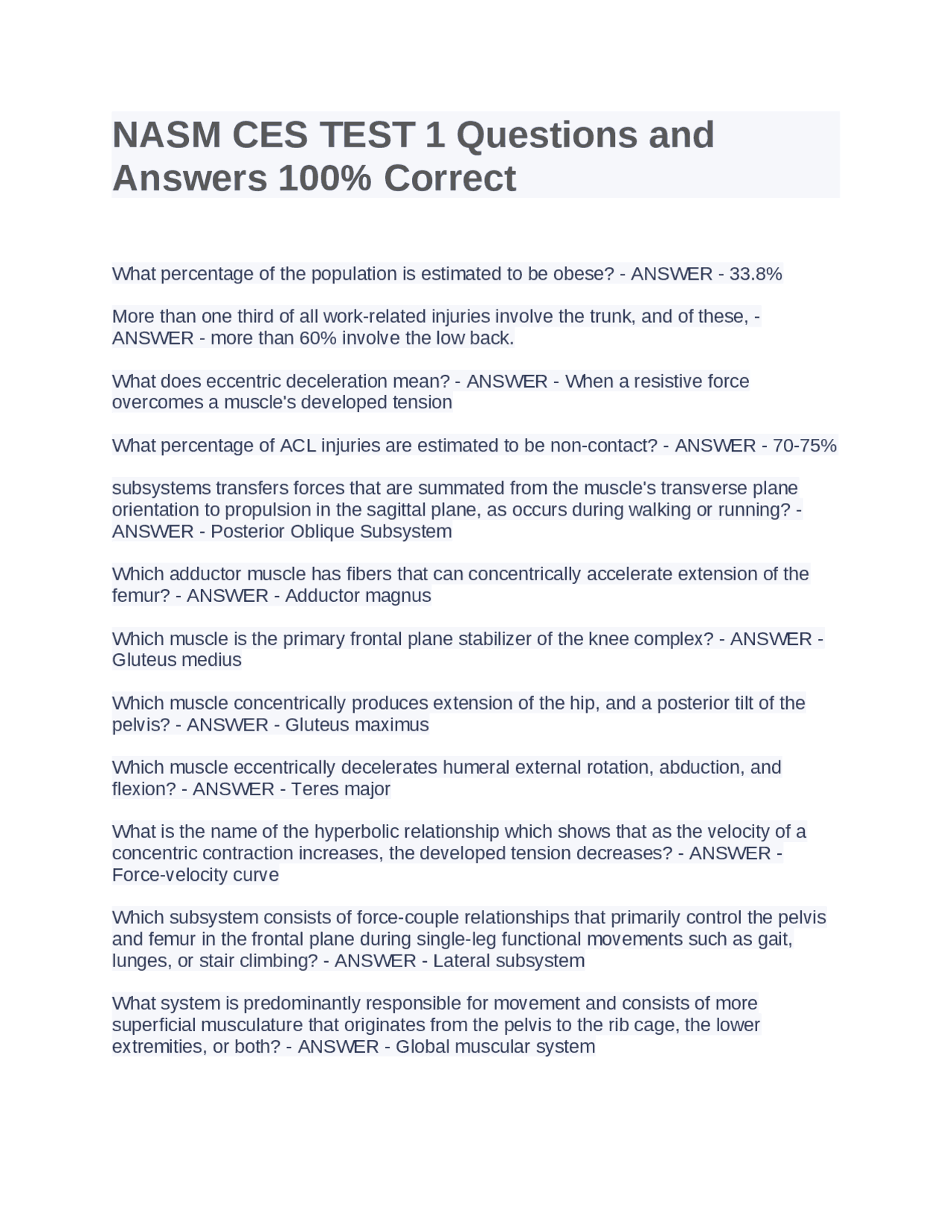 NASM CES TEST 1 Questions and Answers 100% Correct | Exams Nutrition ...
