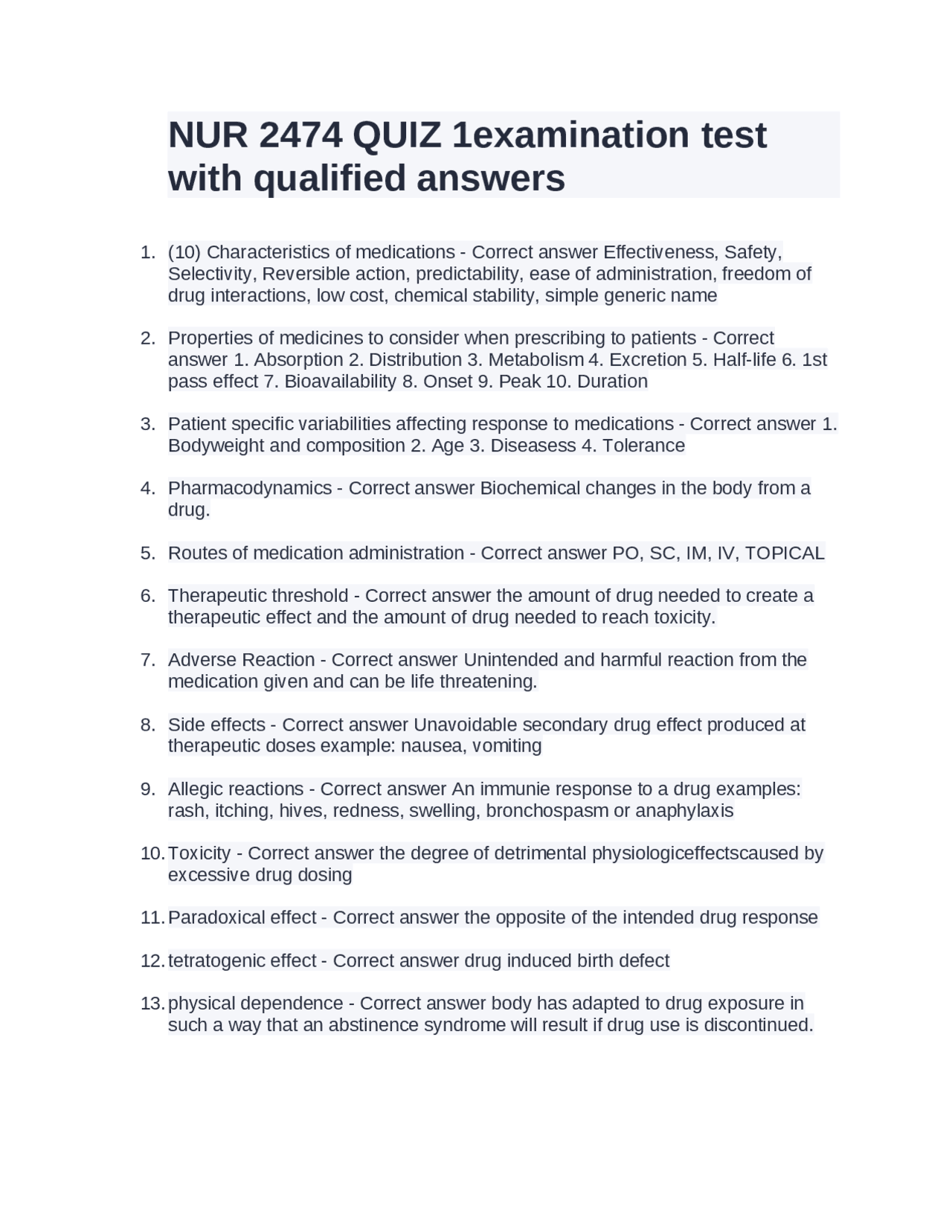 Pharmacology Quiz: Medications Characteristics and Effects | Exams ...