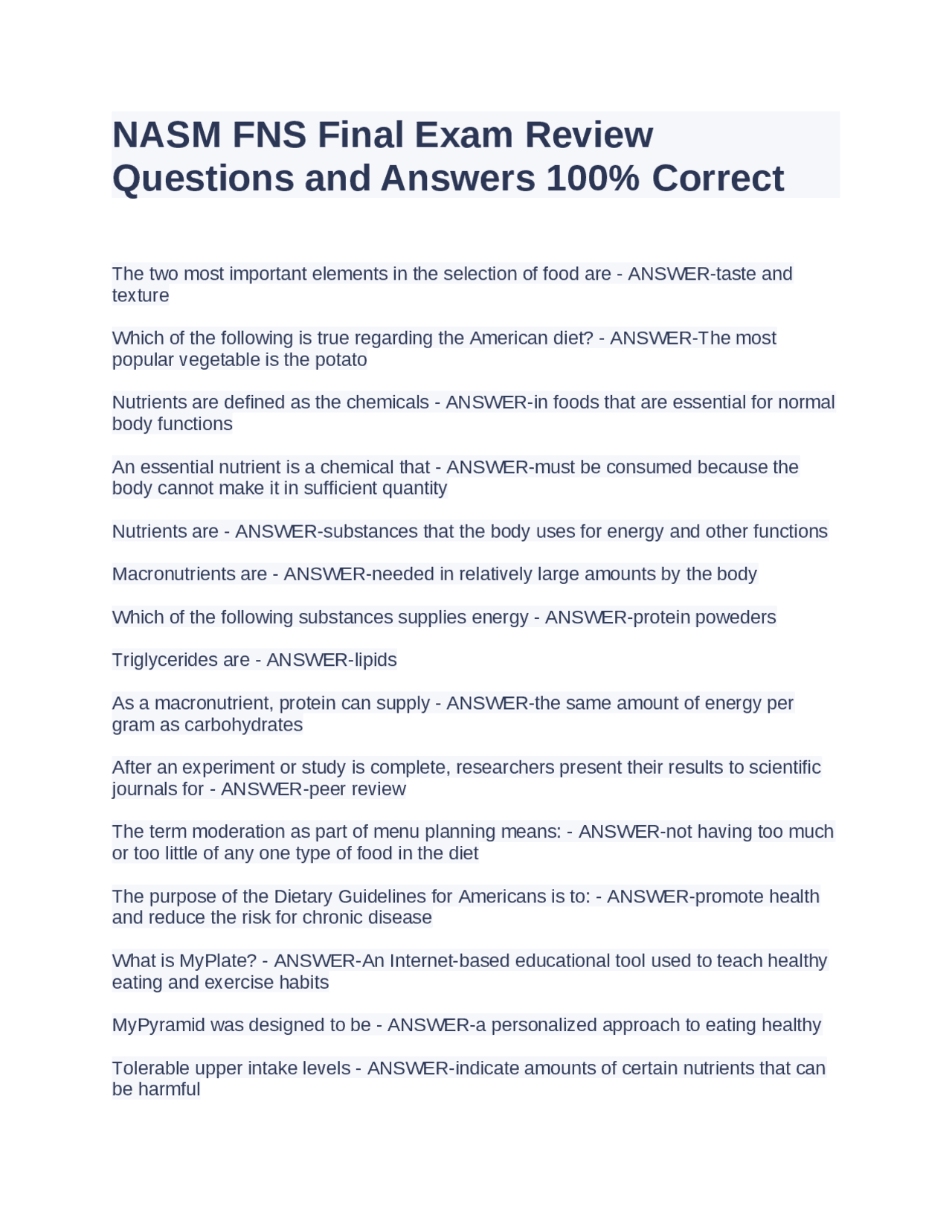 NASM FNS Final Exam Review Questions and Answers 100% Correct | Exams ...