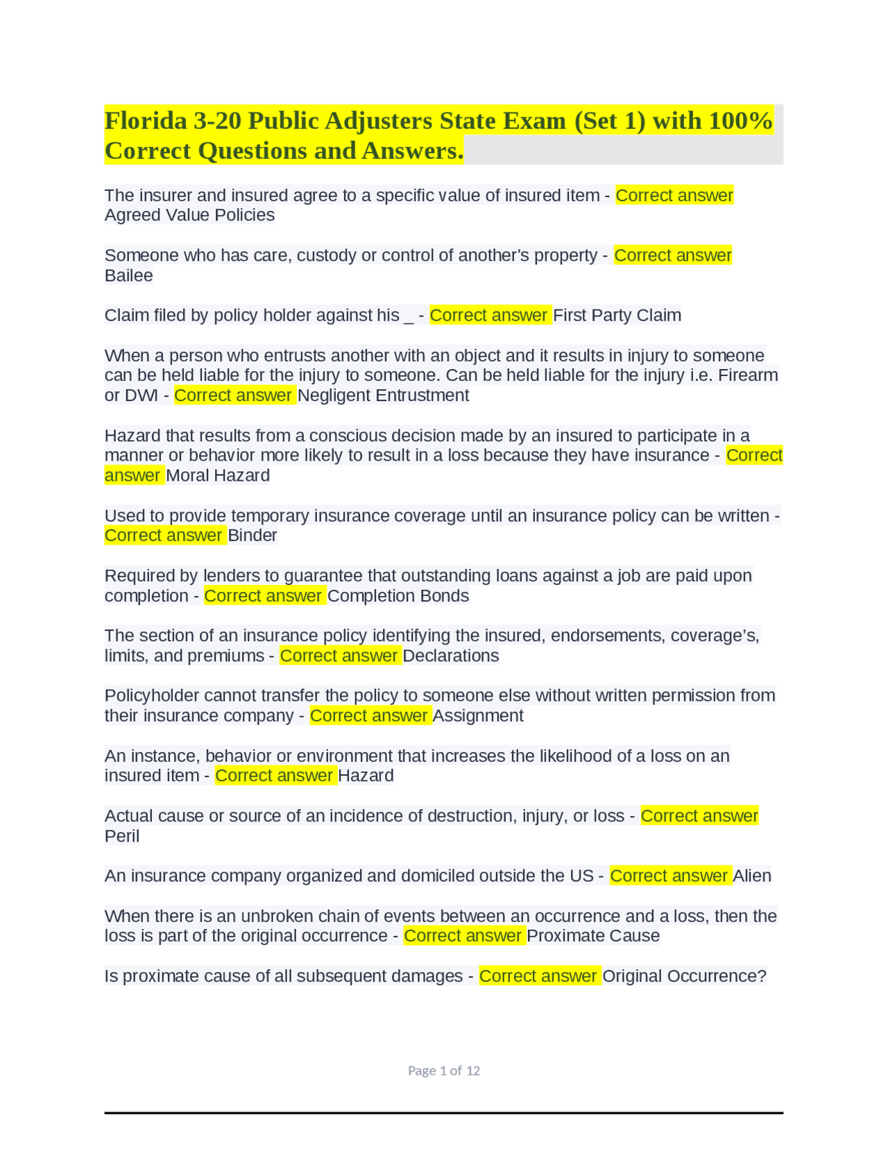 Florida 3-20 Public Adjusters State Exam (Set 1) with 100% Correct ...