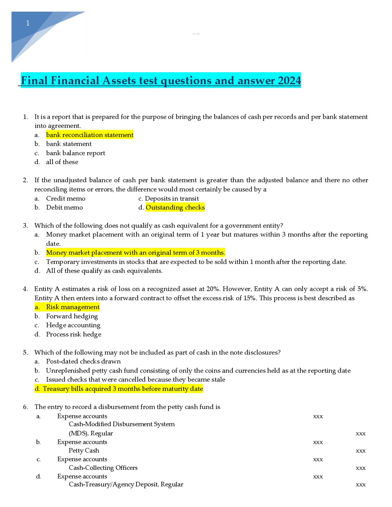 Bank Reconciliation and Financial Statements Analysis | Exams Mathematical finance | Docsity