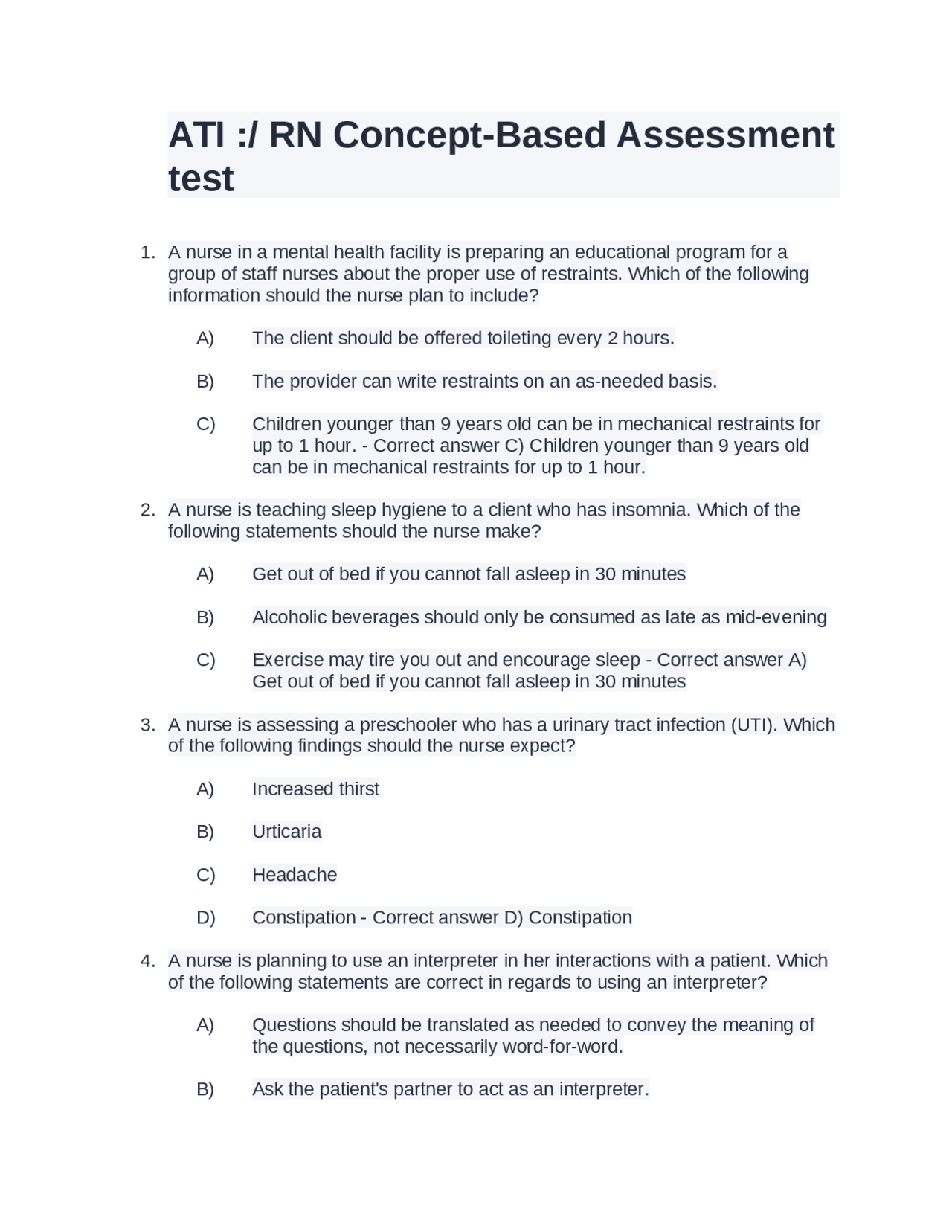 ATI :/ RN Concept-Based Assessment test | Exams Nursing | Docsity