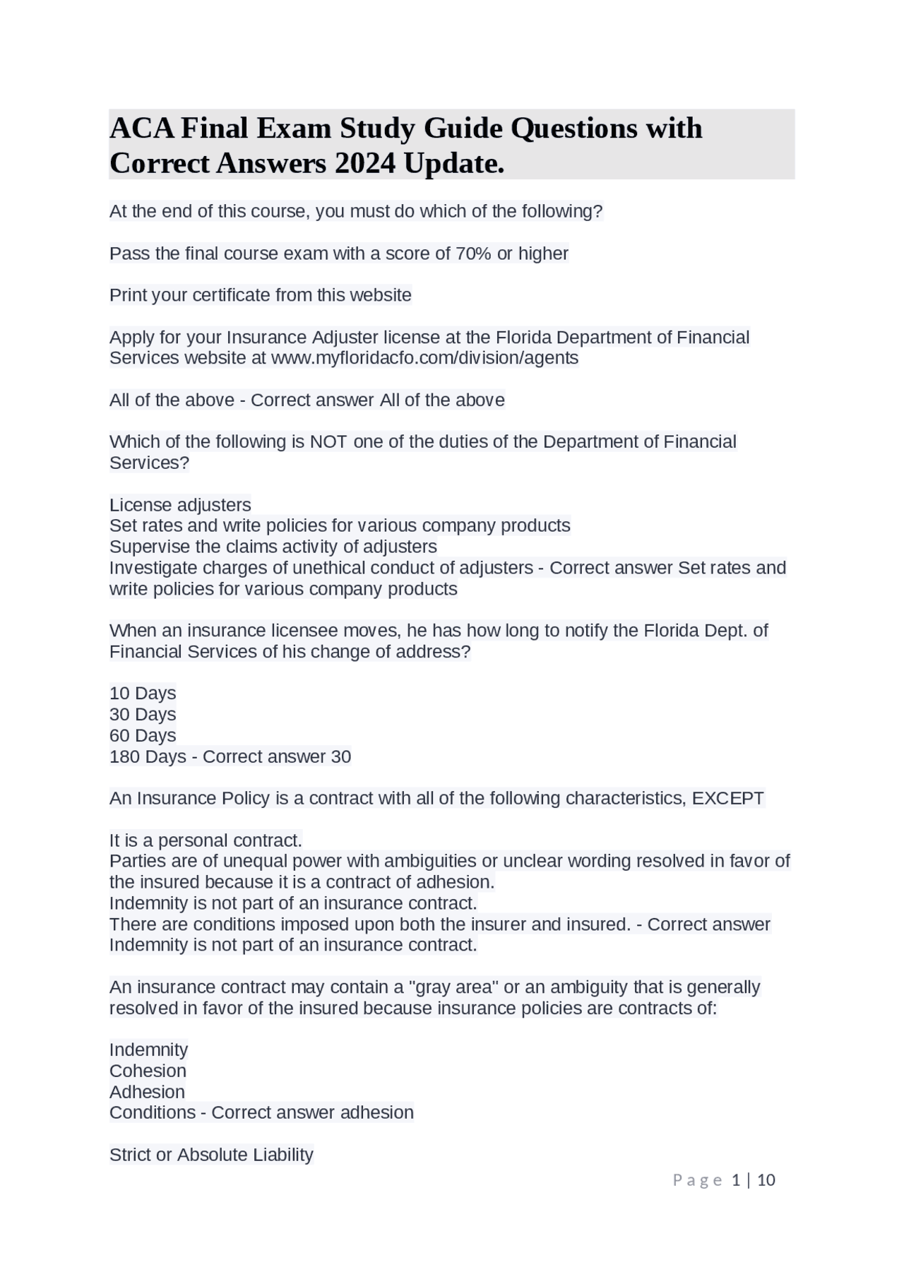 ACA Final Exam Study Guide Questions with Correct Answers 2024 Update. | Exams Study of ...