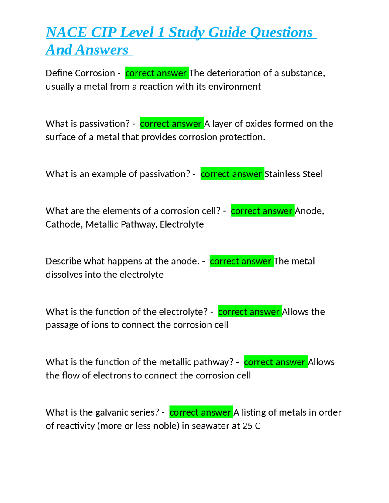 NACE CIP Level 1 Study Guide Questions And Answers | Exams Chemistry ...