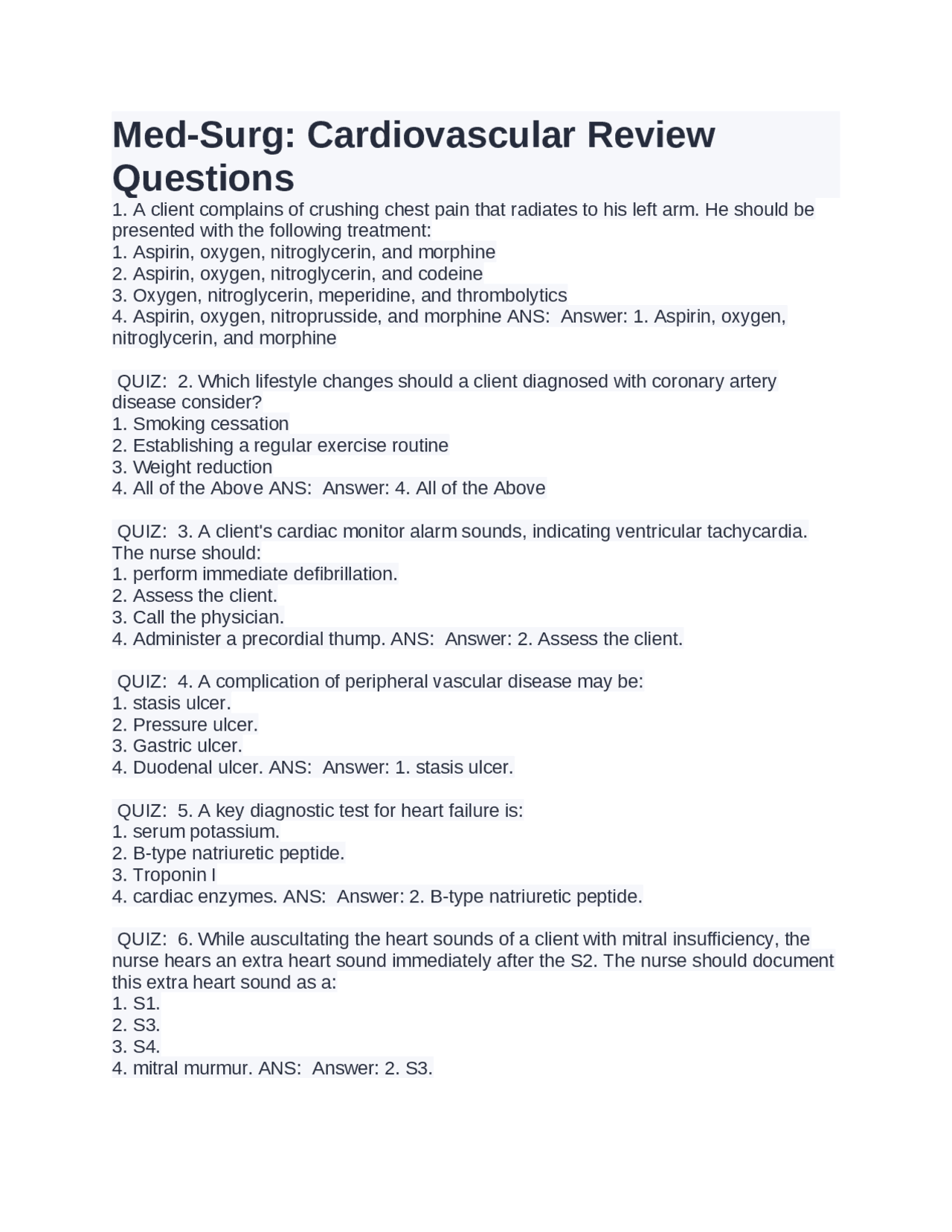 Med-Surg: Cardiovascular Review Questions | Exams Nursing | Docsity