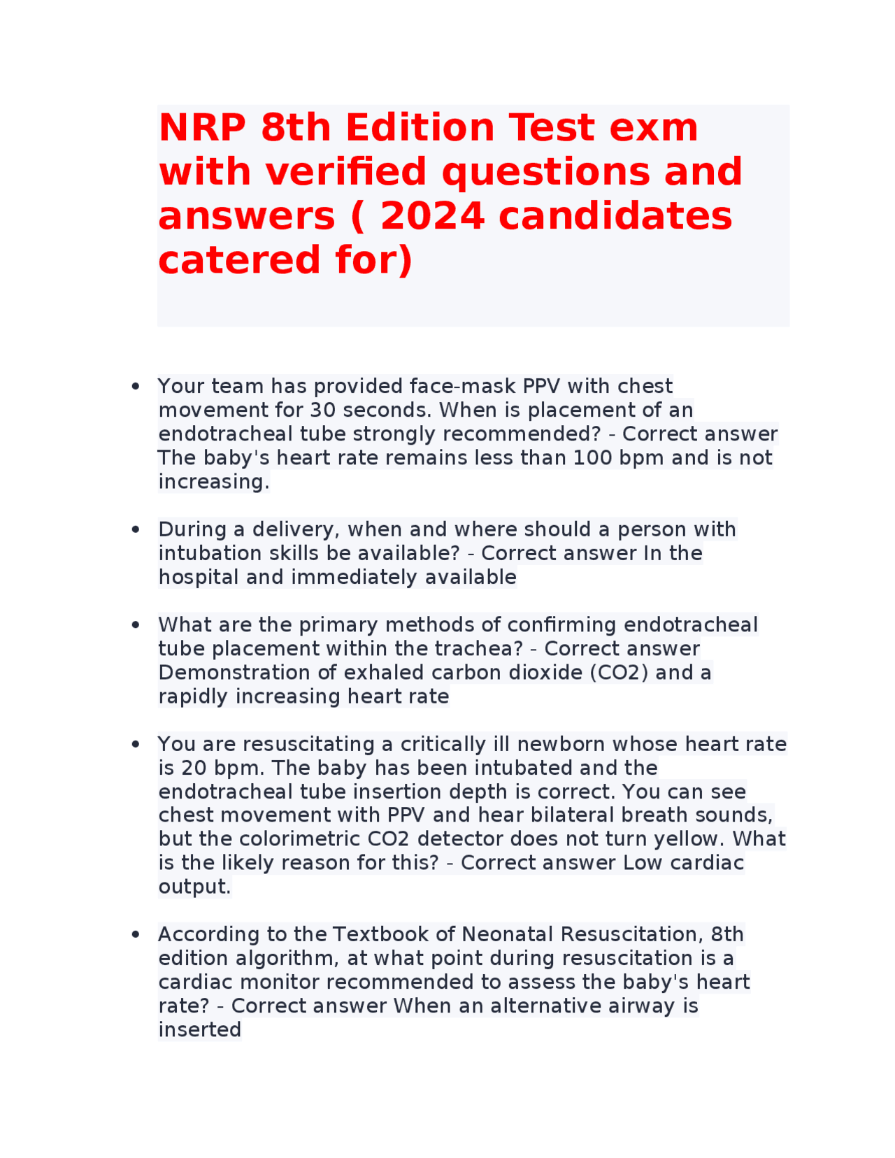 NRP 8th Edition Test exm with verified questions and answers ( 2024 ...