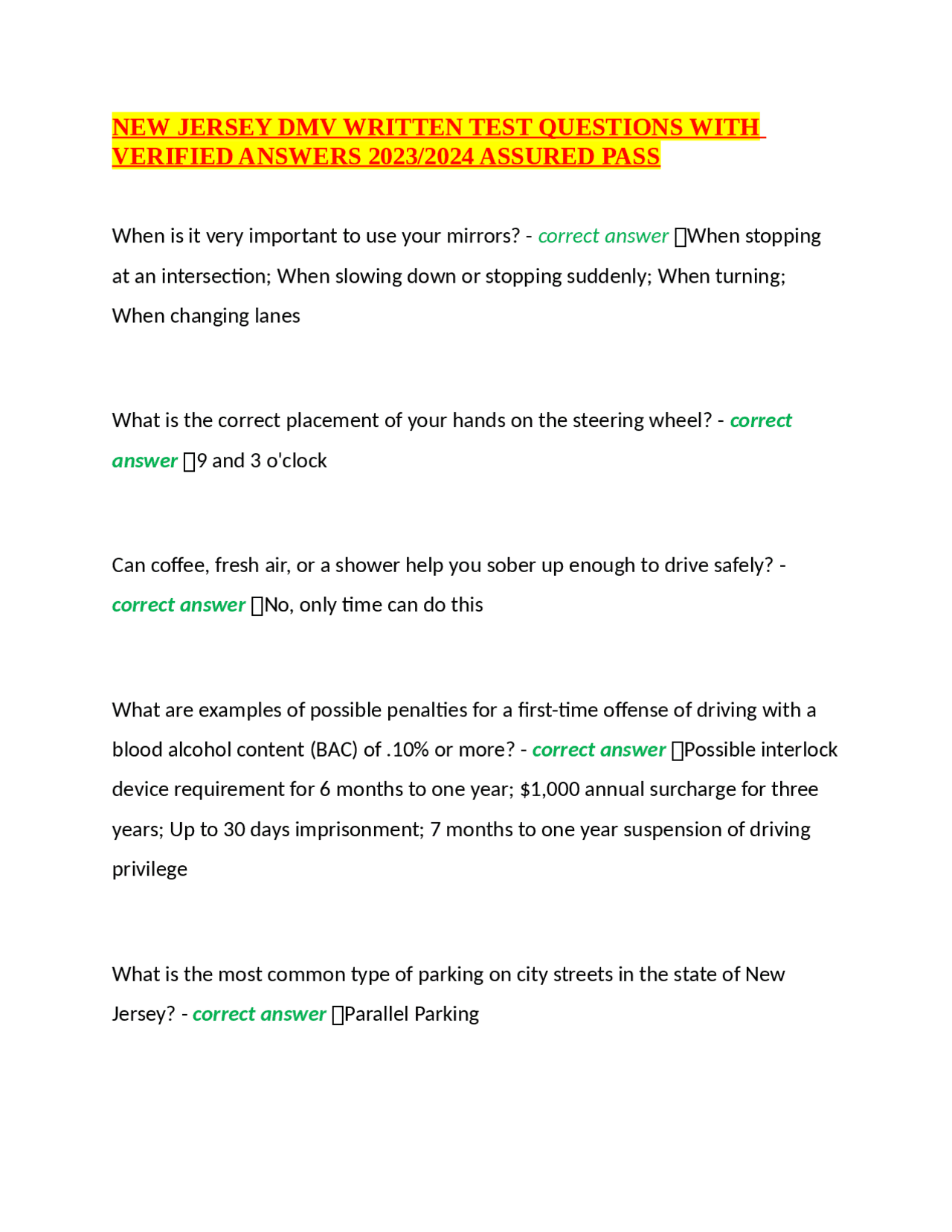 NEW JERSEY DMV WRITTEN TEST QUESTIONS WITH VERIFIED ANSWERS 2023/2024 ...