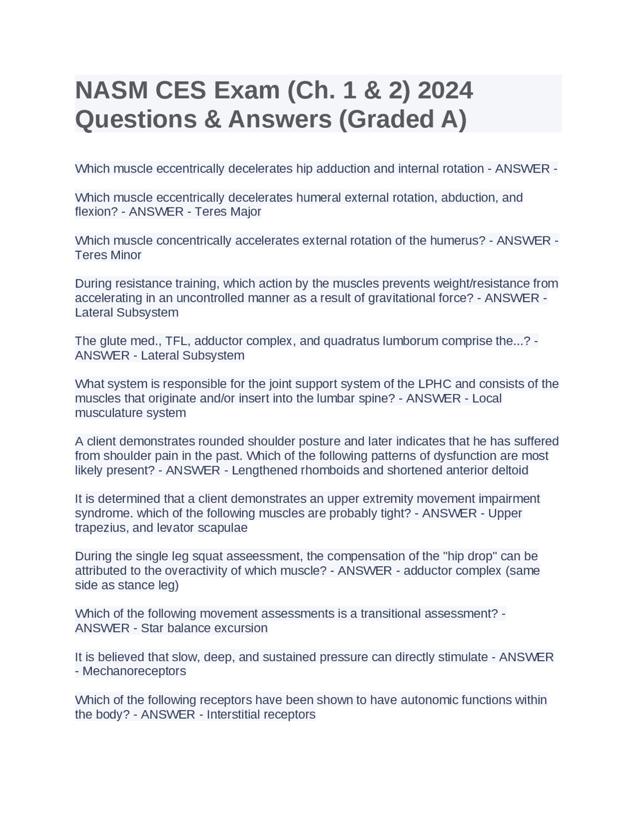 NASM CES Exam (Ch. 1 & 2) 2024 Questions & Answers (Graded A) | Exams ...