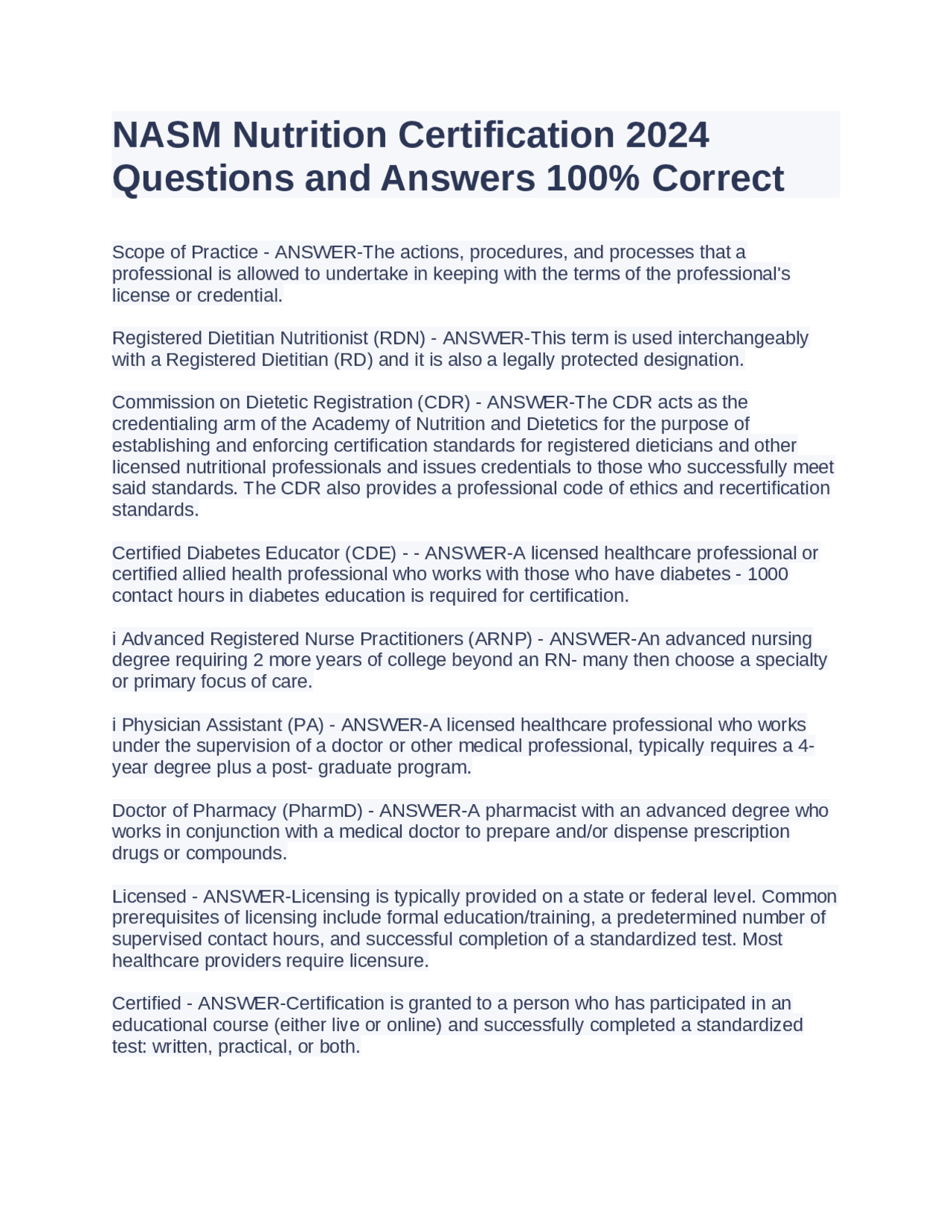 NASM Nutrition Certification 2024 Questions and Answers 100% Correct ...