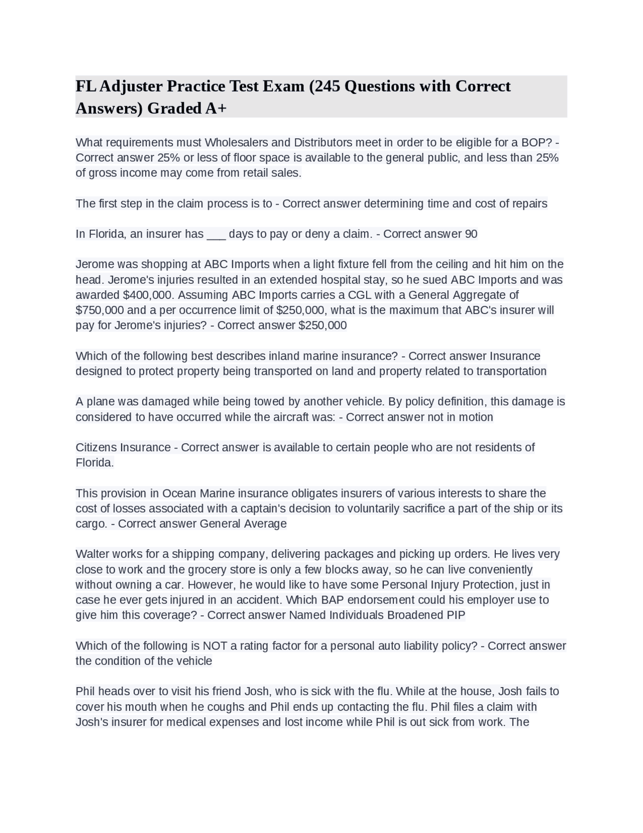 FL Adjuster Practice Test Exam (245 Questions with Correct Answers ...