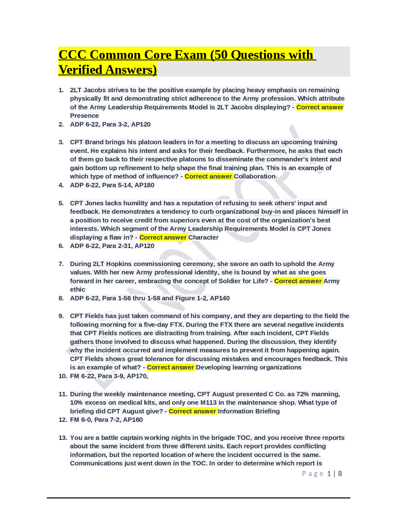 Army Leadership Requirements Model: CCC Exam Questions and Answers ...