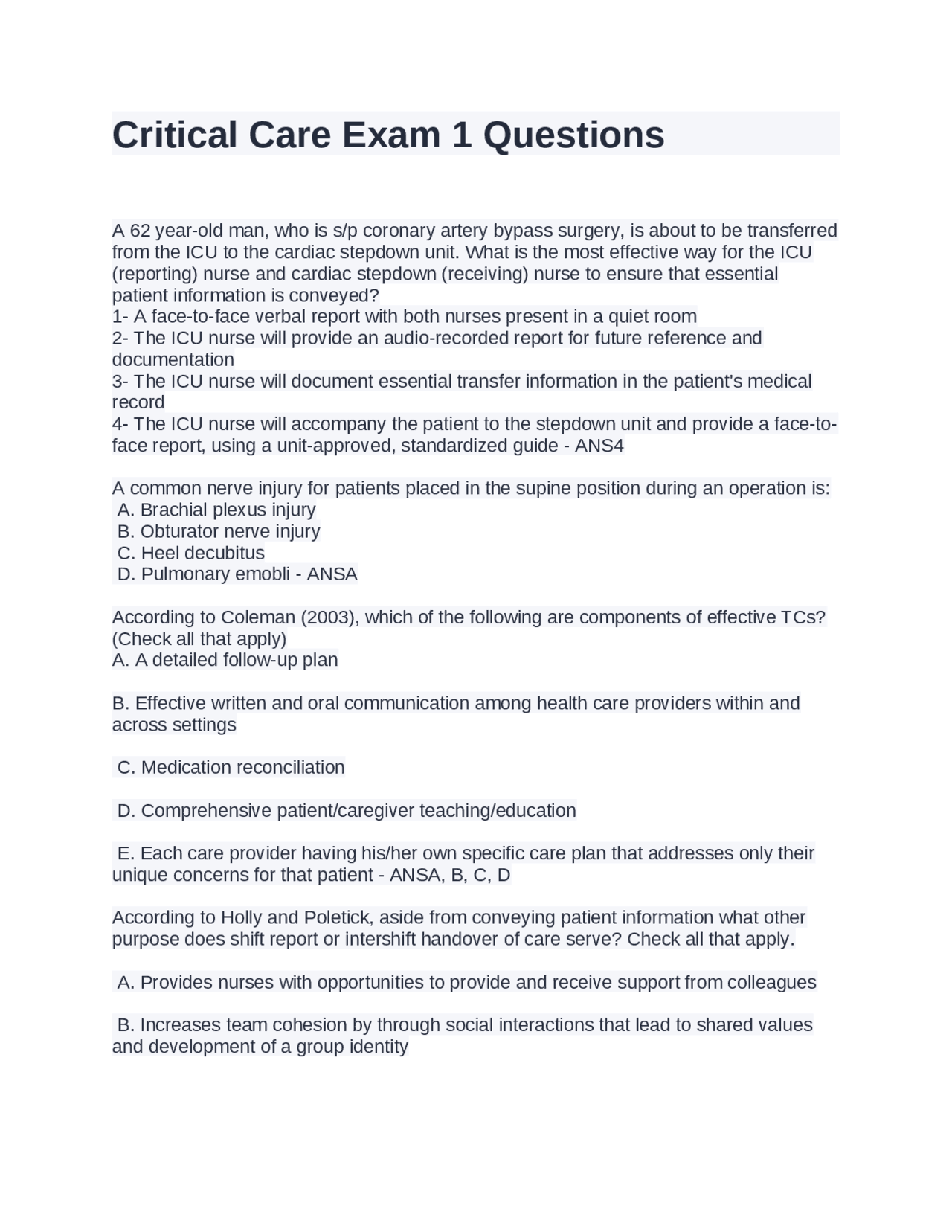 ICU Nursing: Transfer of Patient Care and Essential Information | Exams ...