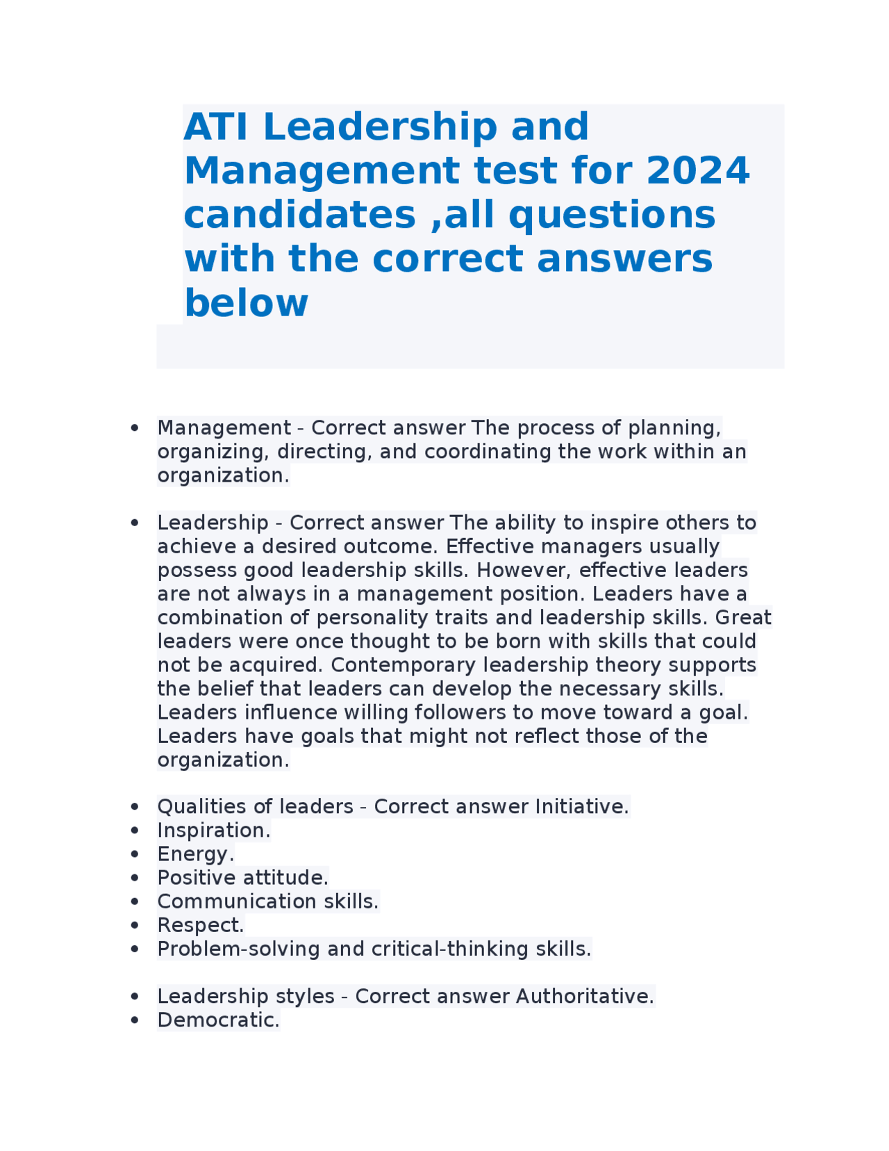 ATI Leadership and Management test for 2024 candidates ,all questions ...