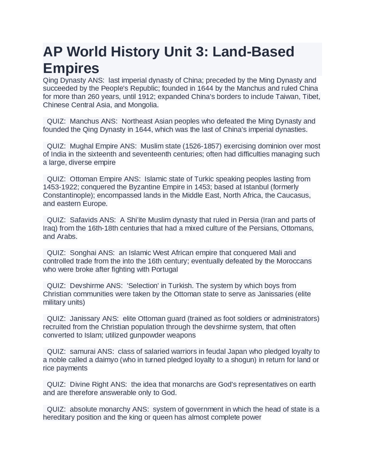 AP World History Unit 3: Land-Based Empires | Exams History | Docsity