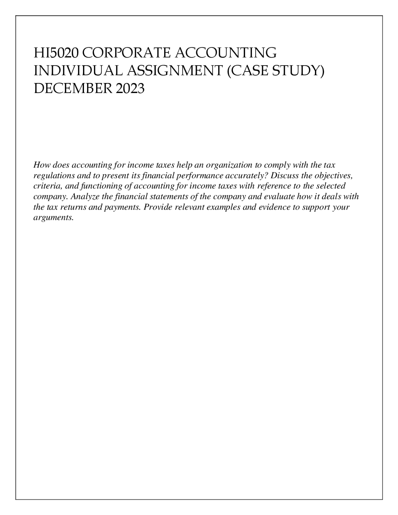 HI5020 CORPORATE ACCOUNTING INDIVIDUAL ASSIGNMENT (CASE STUDY) DECEMBER ...