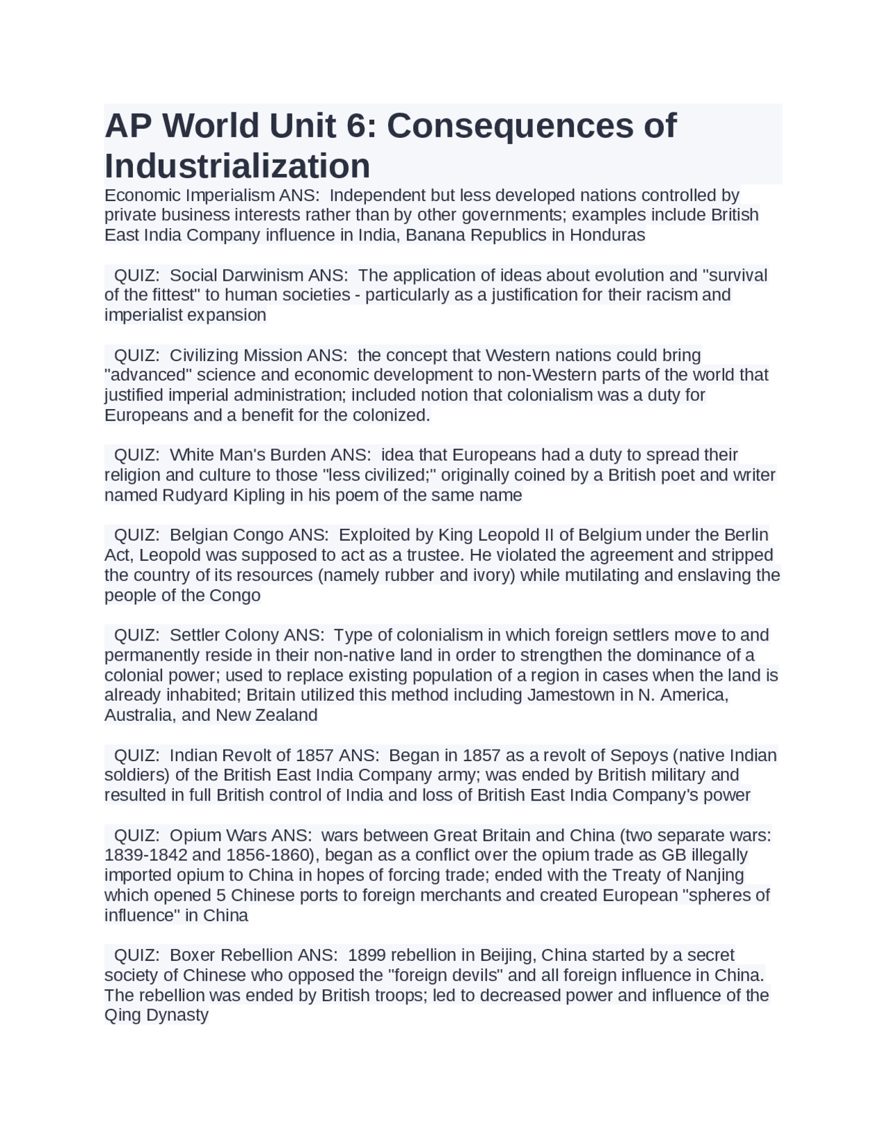 AP World History Unit 6: Consequences of Industrialization - Quiz ...