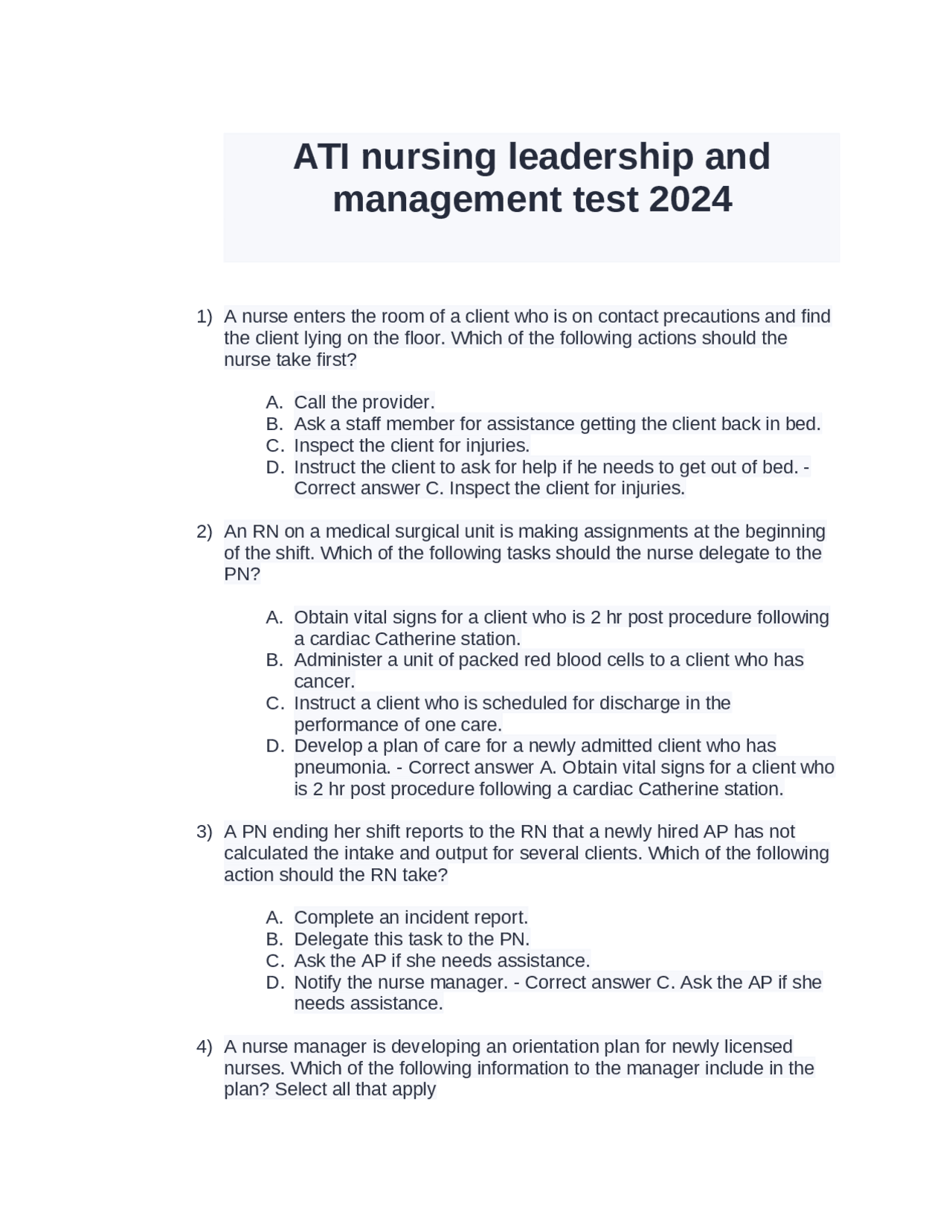 ATI nursing leadership and management test 2024 | Exams Nursing | Docsity