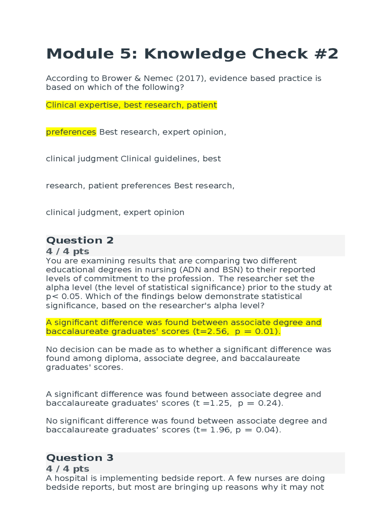 Nursing 4325 Module 5: Knowledge Check2 | Exams Nursing | Docsity