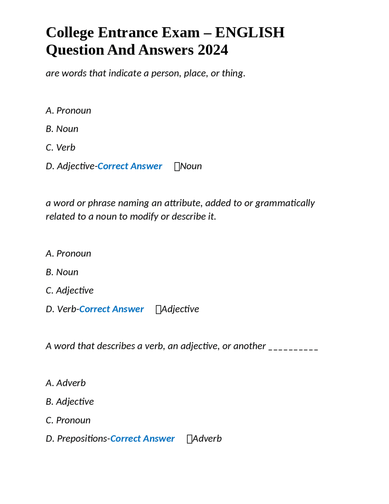 College Entrance Exam – ENGLISH Question And Answers 2024 | Exams ...
