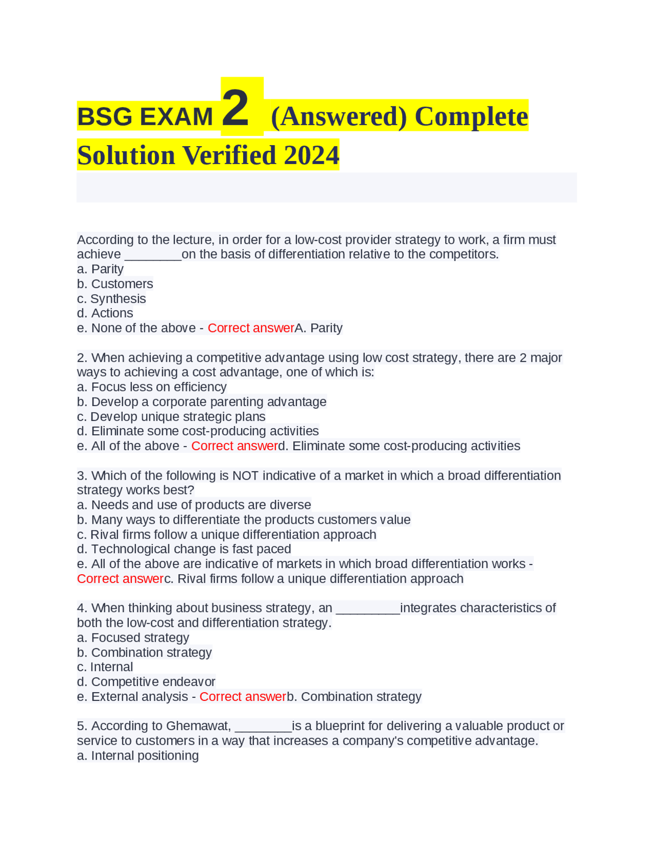 BSG EXAM 2 (Answered) Complete Solution Verified 2024 | Exams Marketing ...