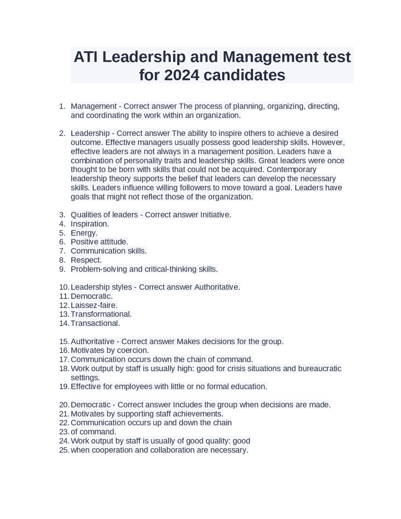 ATI Leadership and Management test for 2024 candidates | Exams Business ...