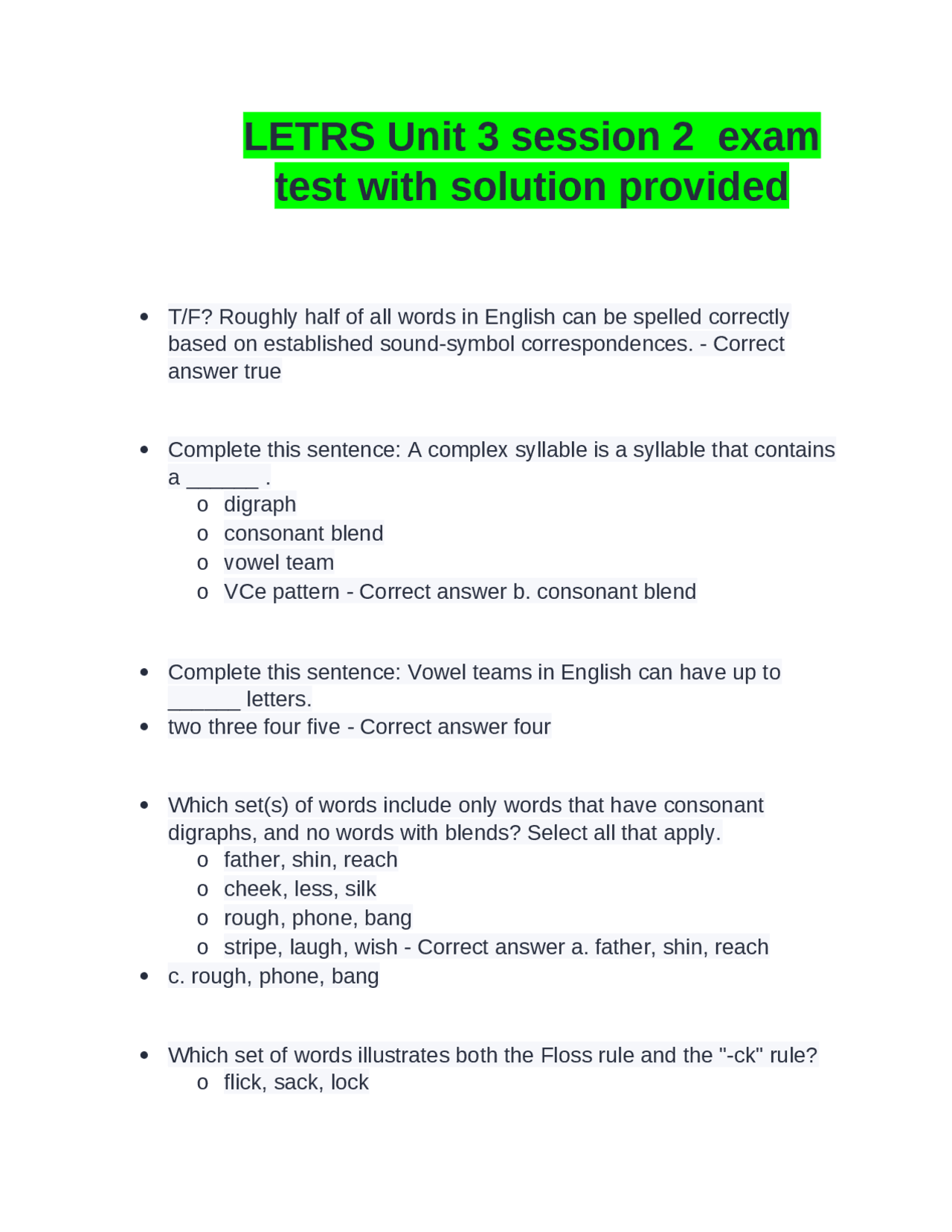 LETRS Unit 3 Session 2 Exam: Sound-Symbol Correspondences and Syllable ...