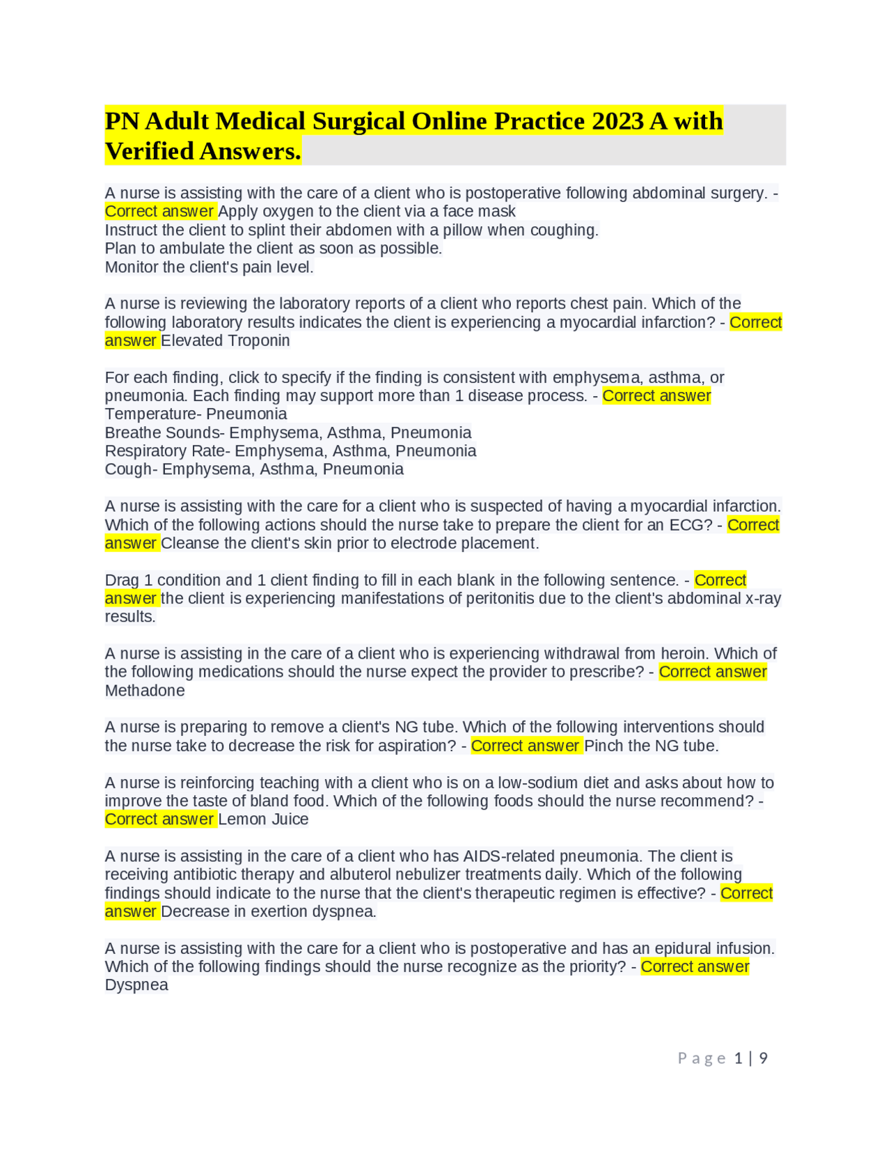 PN Adult Medical Surgical Online Practice 2023 A with Verified Answers. | Exams Surgical ...
