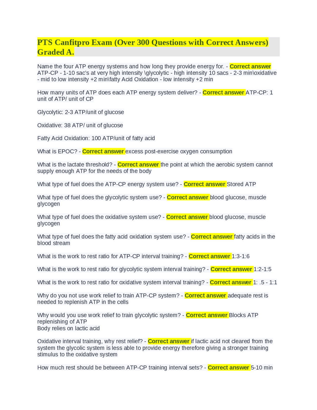 PTS Canfitpro Exam (Over 300 Questions with Correct Answers) Graded A ...