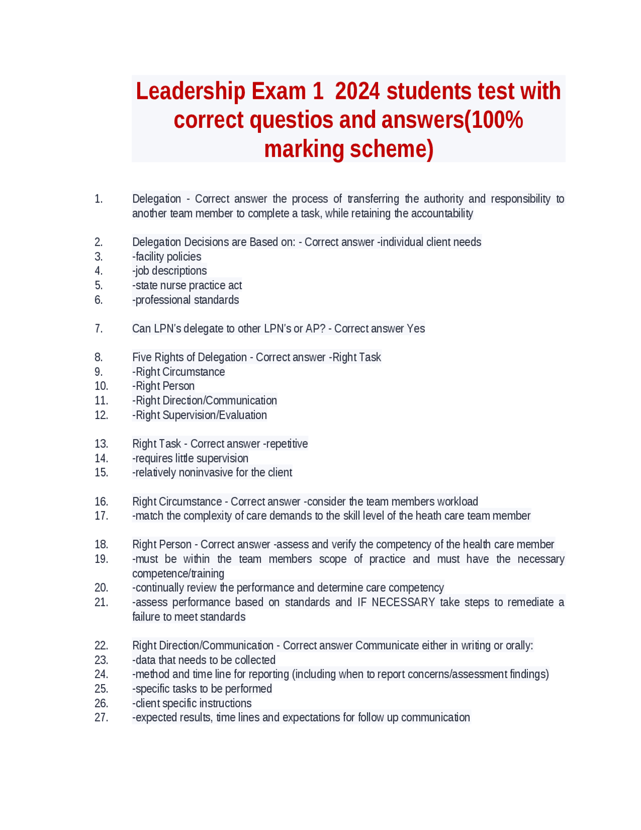 Leadership Exam 1 2024 students test with correct questios and answers ...