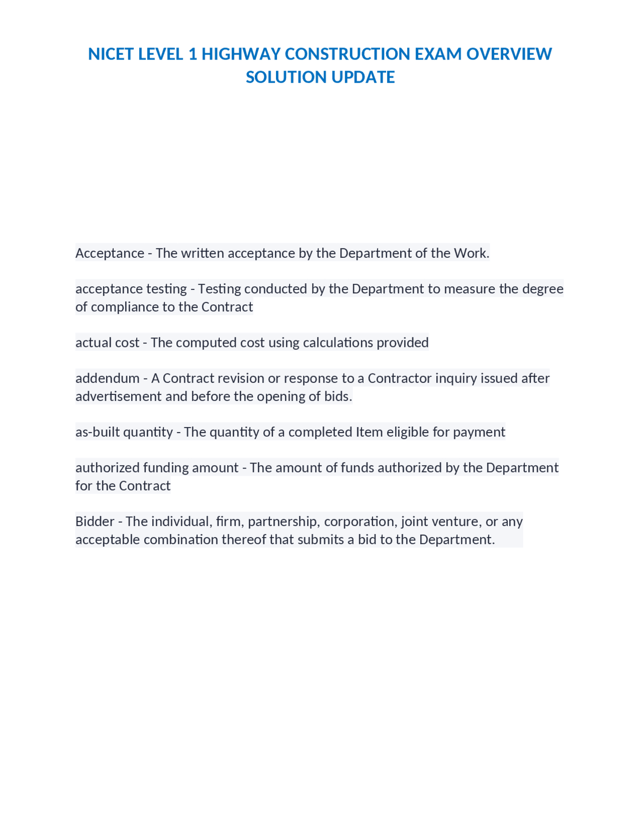 NICET LEVEL 1 HIGHWAY CONSTRUCTION EXAM OVERVIEW SOLUTION UPDATE ...