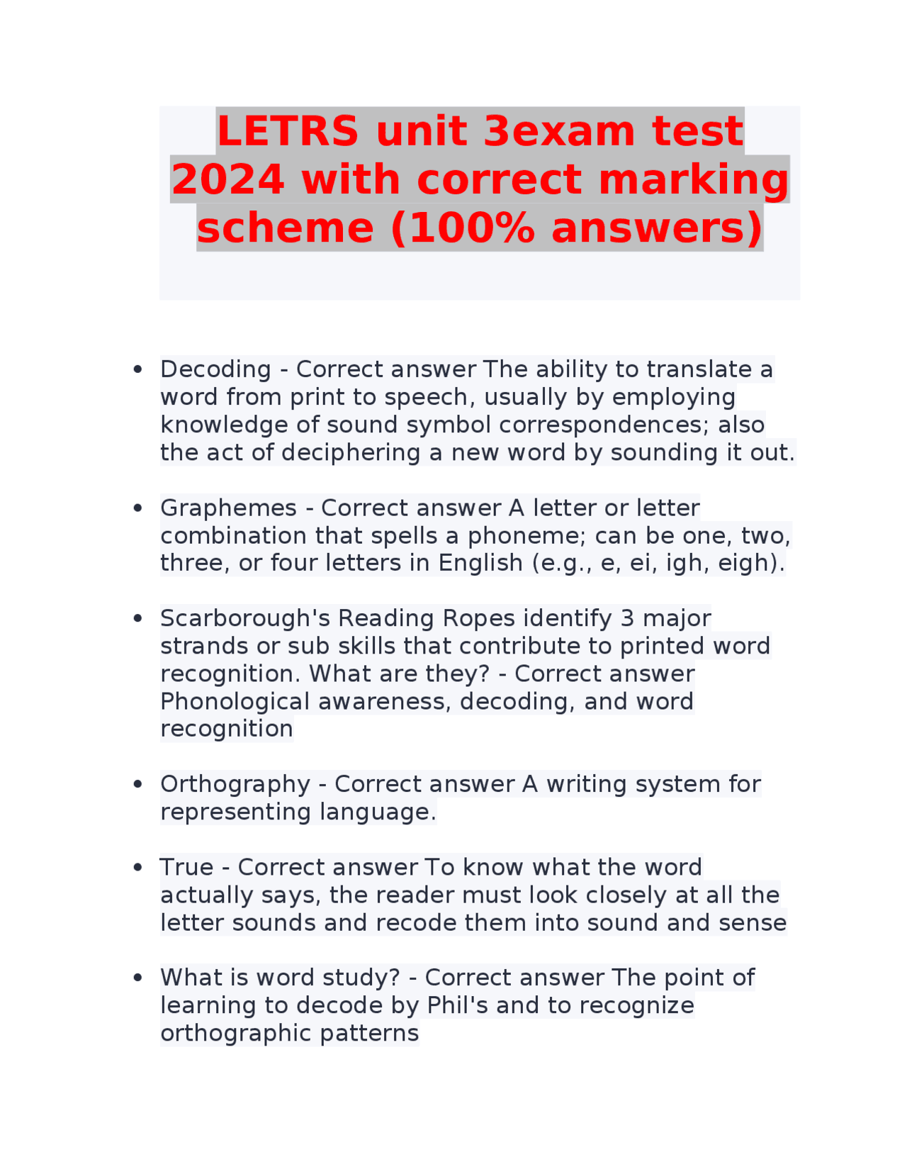 LETRS Unit 3 Exam: Reading Ropes and Phonics | Exams Literature | Docsity