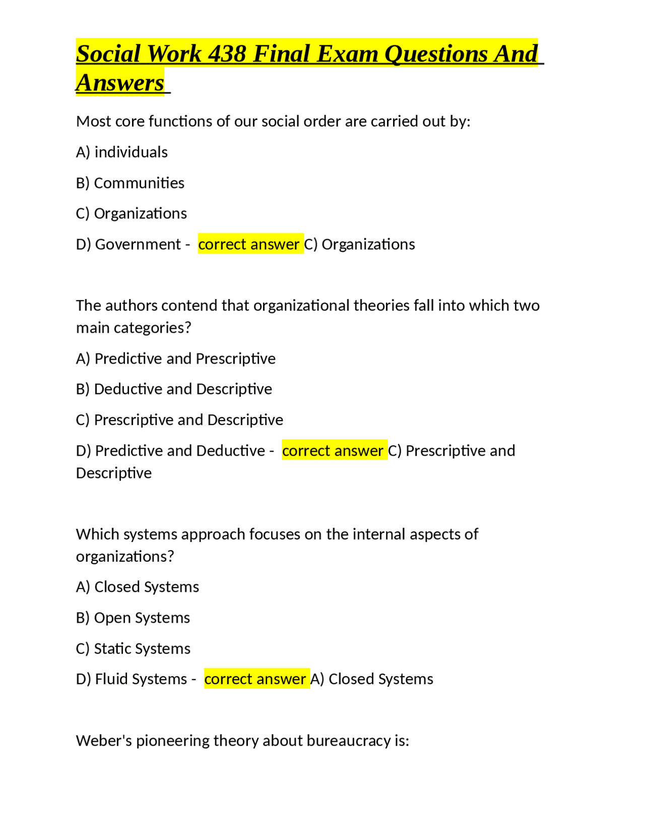 Social Work 438 Final Exam Questions And Answers | Exams Social Work ...