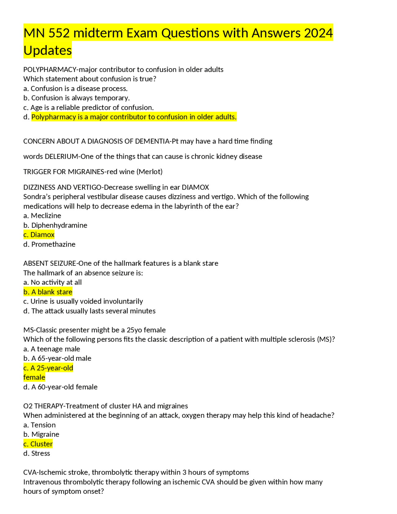 MN 552 midterm Exam Questions with Answers 2024 Updates | Exams Nursing ...