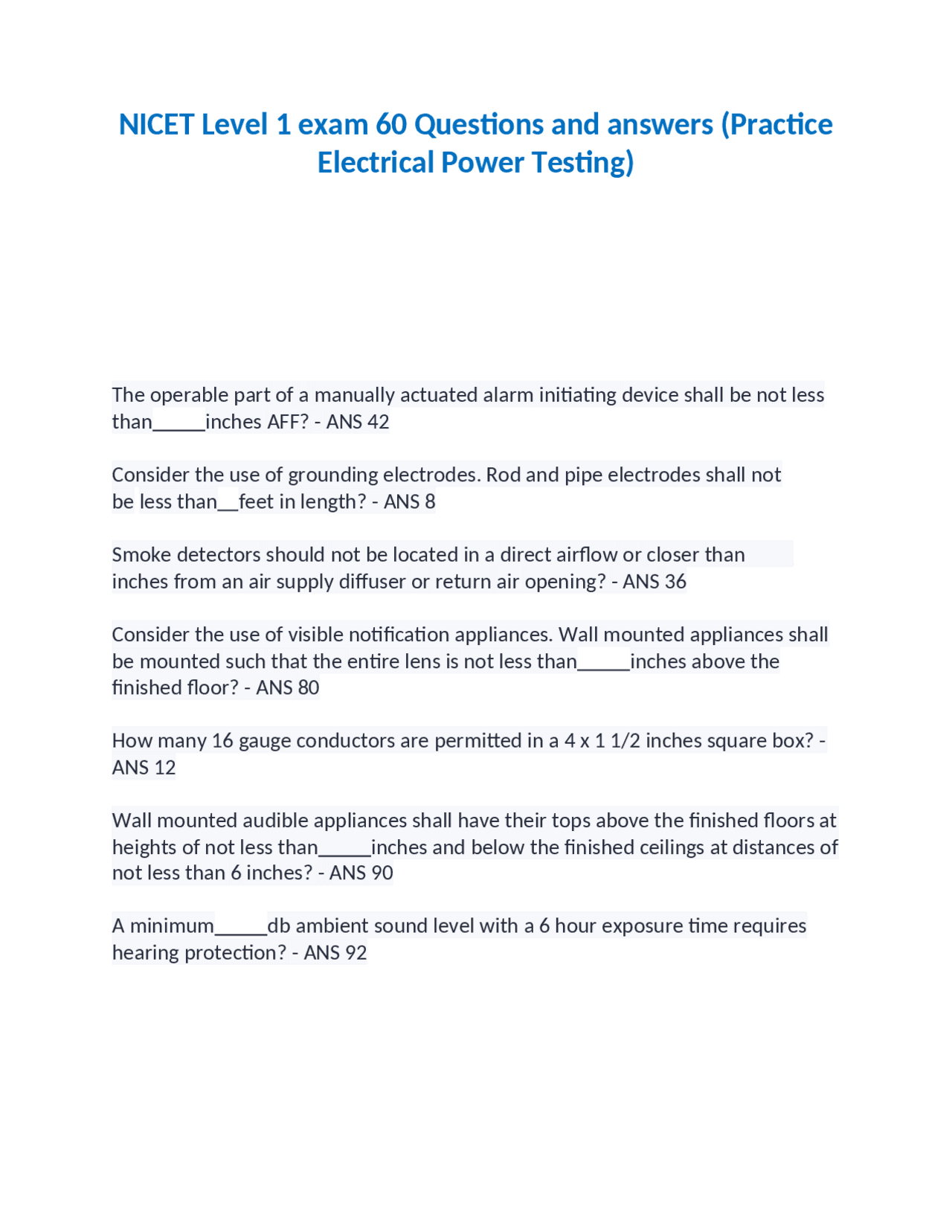 NICET Level 1 exam 60 Questions and answers (Practice Electrical Power ...