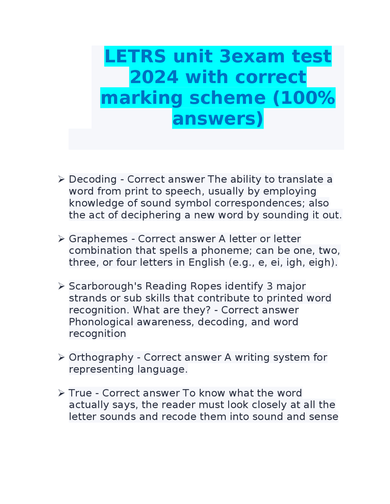 LETRS Unit 3 Exam: Reading and Phonics Concepts | Exams Literature ...