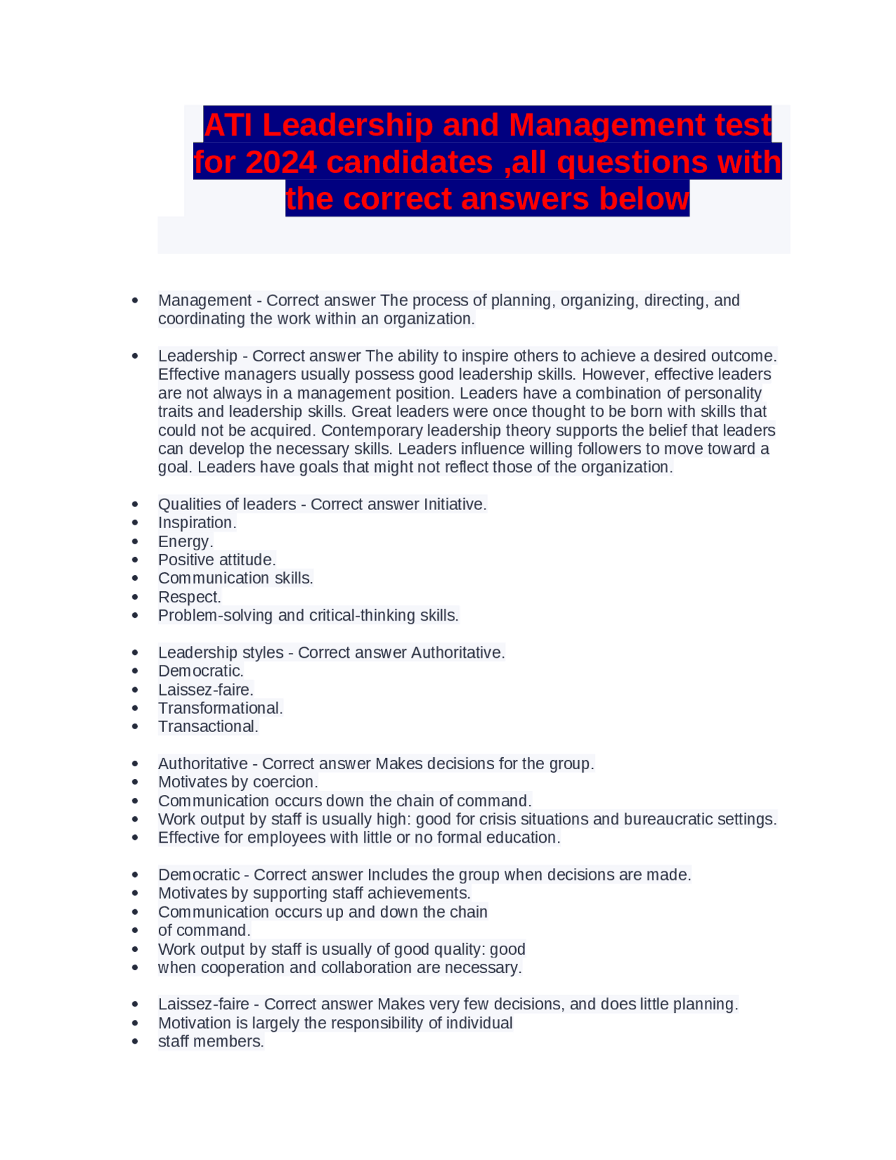 ATI Leadership and Management test for 2024 candidates ,all questions ...