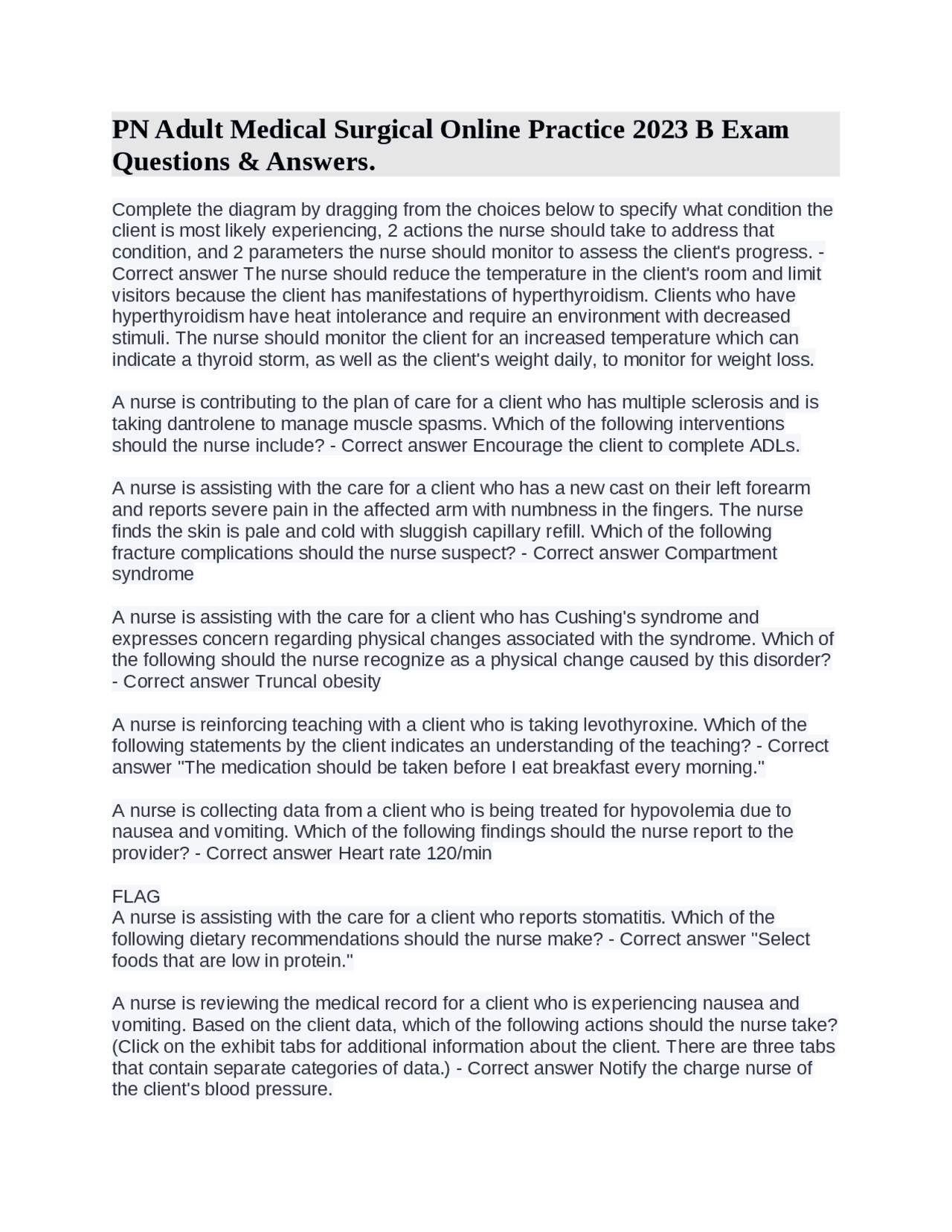 PN Adult Medical Surgical Online Practice 2023 B Exam Questions & Answers. | Exams Surgical ...