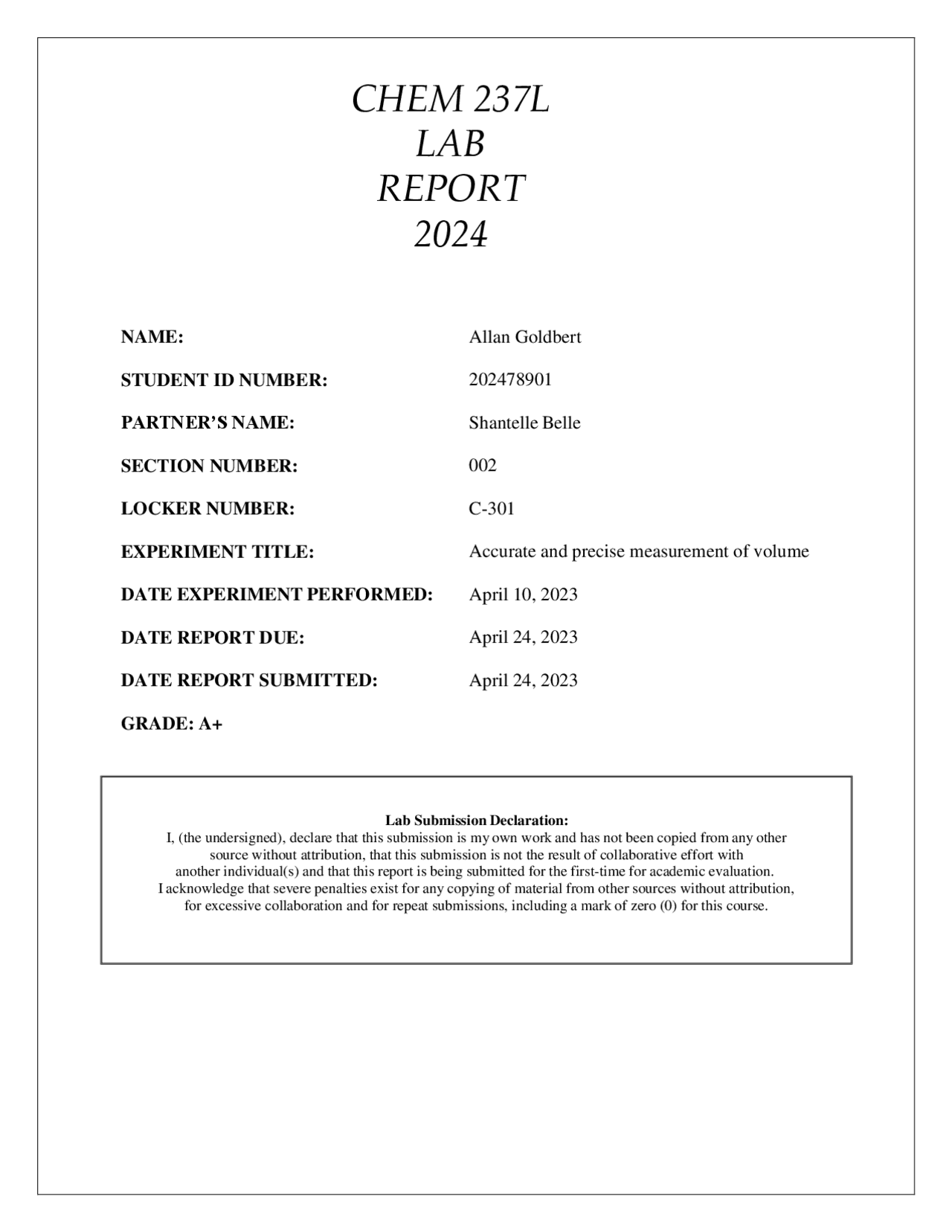 CHEM 237L LAB REPORT - ACCURATE AND PRECISE MEASUREMENT OF VOLUME ...