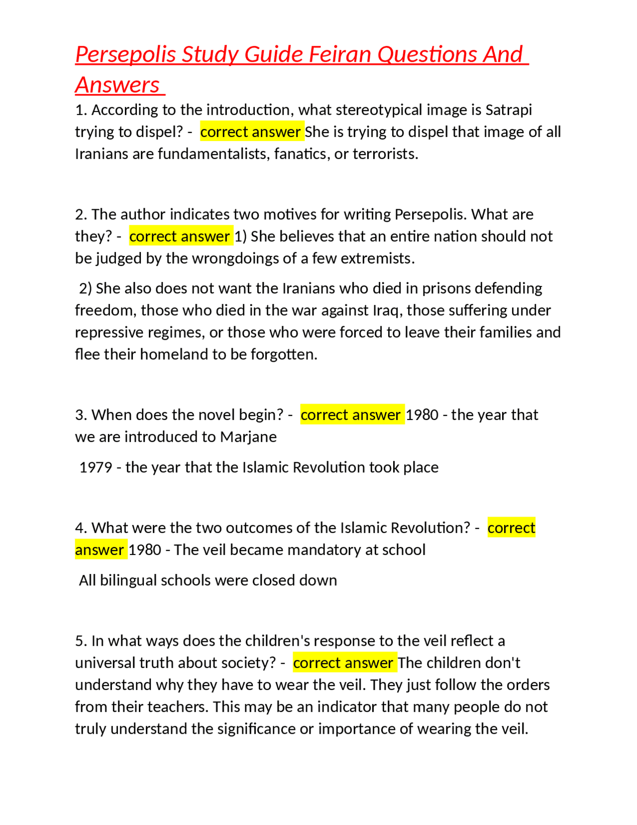 Persepolis Study Guide Feiran Questions And Answers | Exams English ...