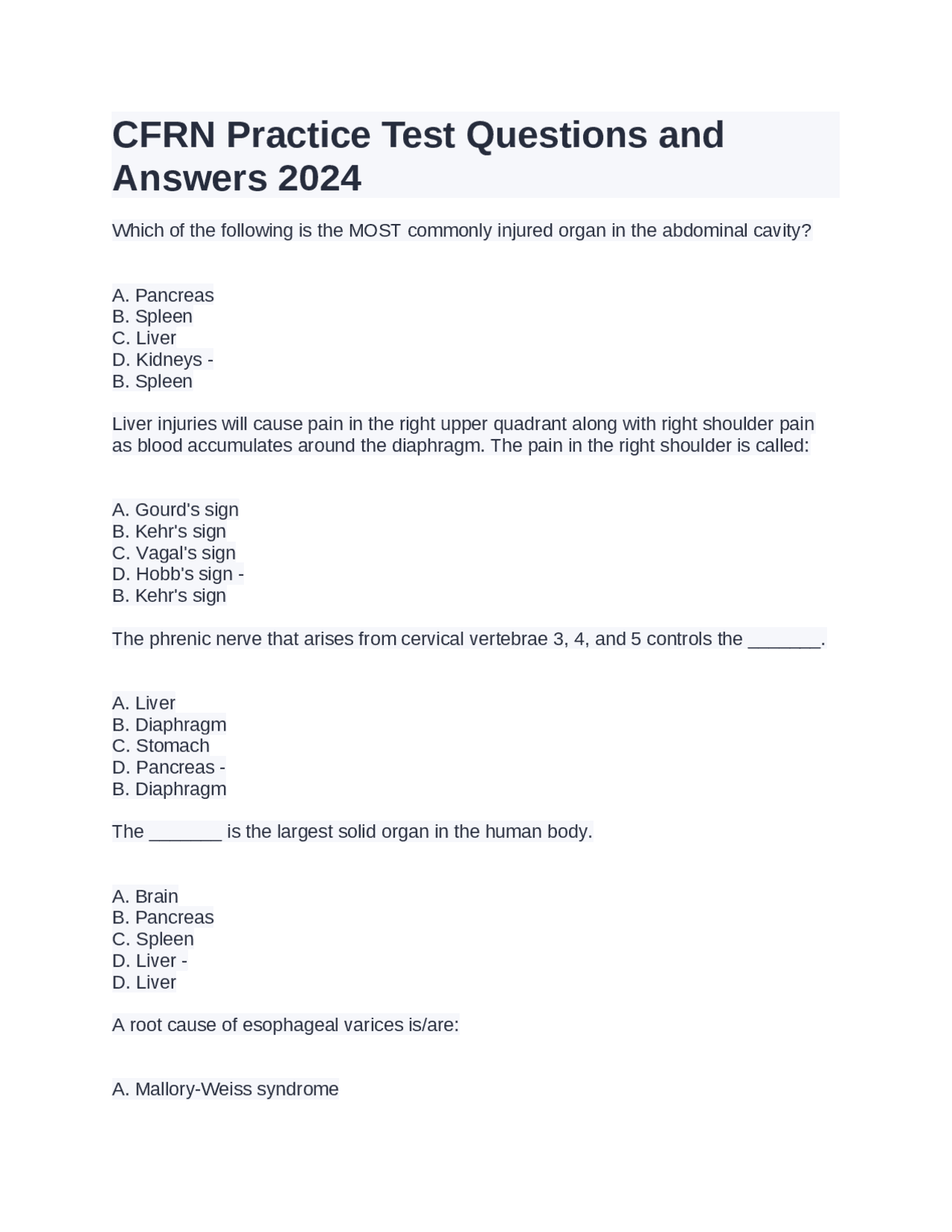 CFRN Practice Test Questions and Answers 2024 | Exams Nursing | Docsity